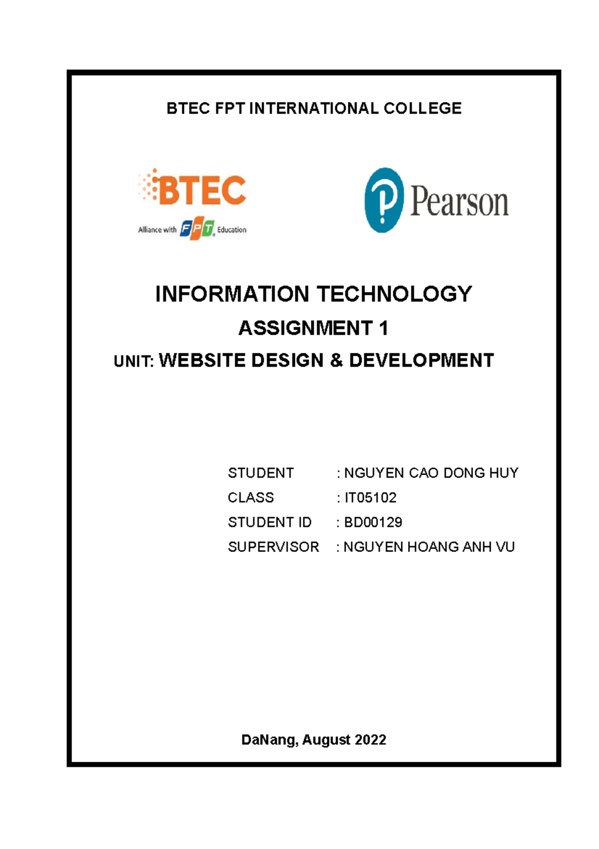ASM1 Web design and development IT05102 Nguyen Cao Dong Huy - BTEC FPT INTERNATIONAL COLLEGE ...