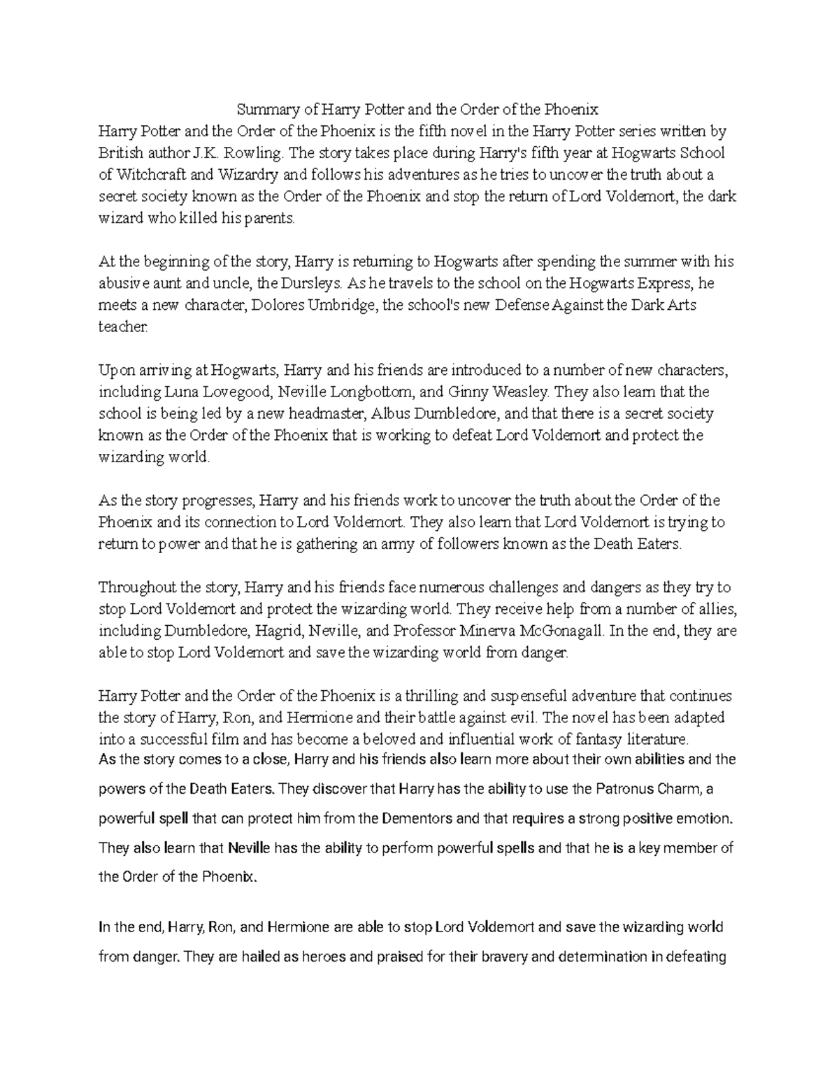 Summary of Harry Potter and the Order of the Phoenix - Rowling. The ...