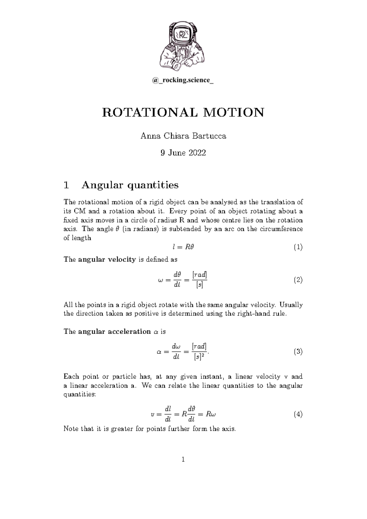 Physics 1 rotational motion - ROTATIONAL MOTION Anna Chiara Bartucca 9 June 2022 1 Angular - Studocu