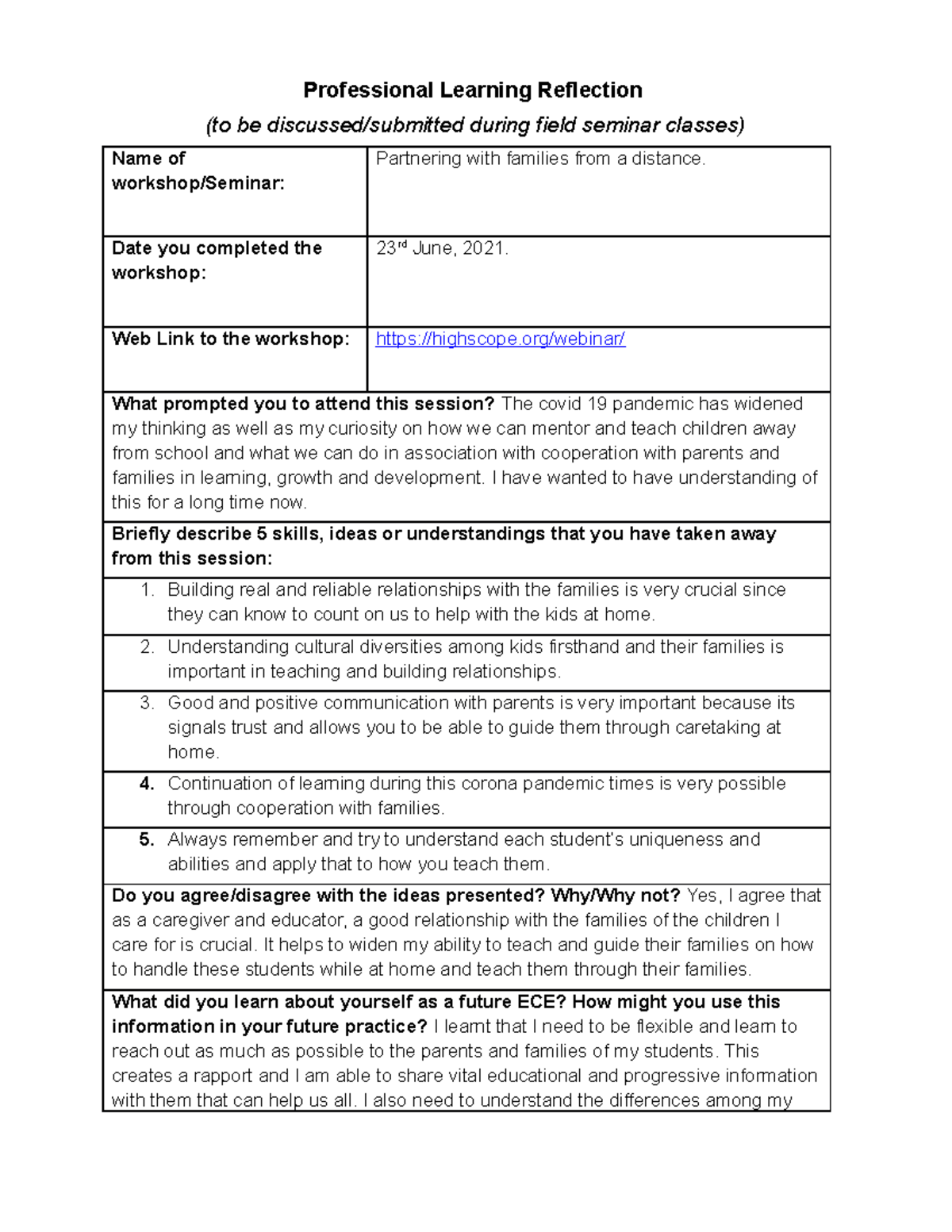 Professional Learning Reflection 1 - Date you completed the workshop ...