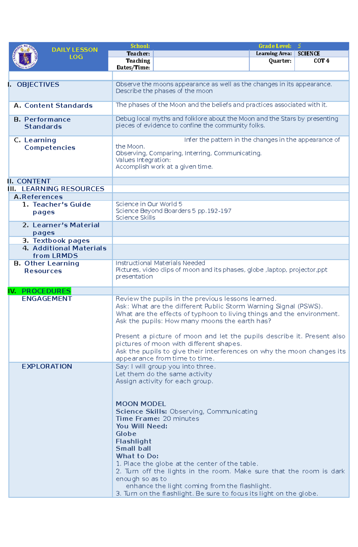 Science 5-COT - COT - DAILY LESSON LOG School: Grade Level: 5 Teacher ...