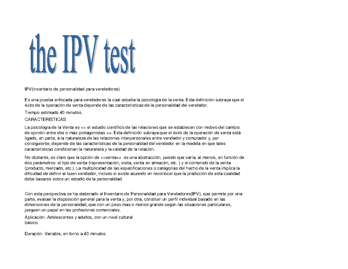 IPV TEST - IPV TEST - IPV(inventario de personalidad para vendedores ...