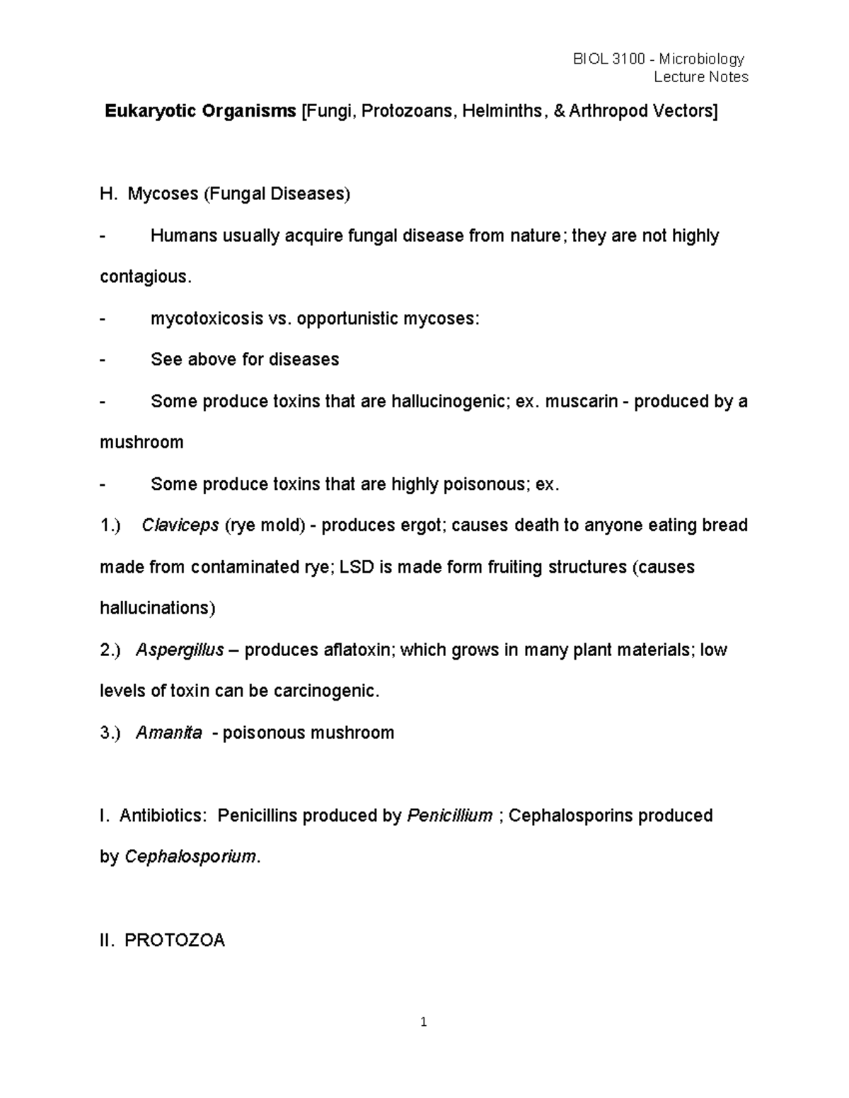 2021-Microbiology-Lecture-Notes-BIOL-3100- Eukaryotic Organisms 20B ...