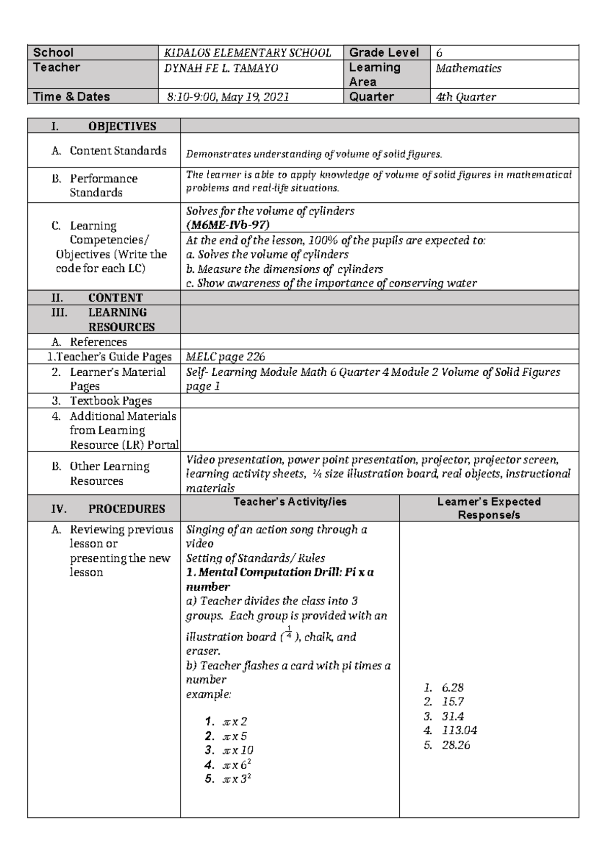 DLP Math 6- Volume of Cylinder - School KIDALOS ELEMENTARY SCHOOL Grade ...