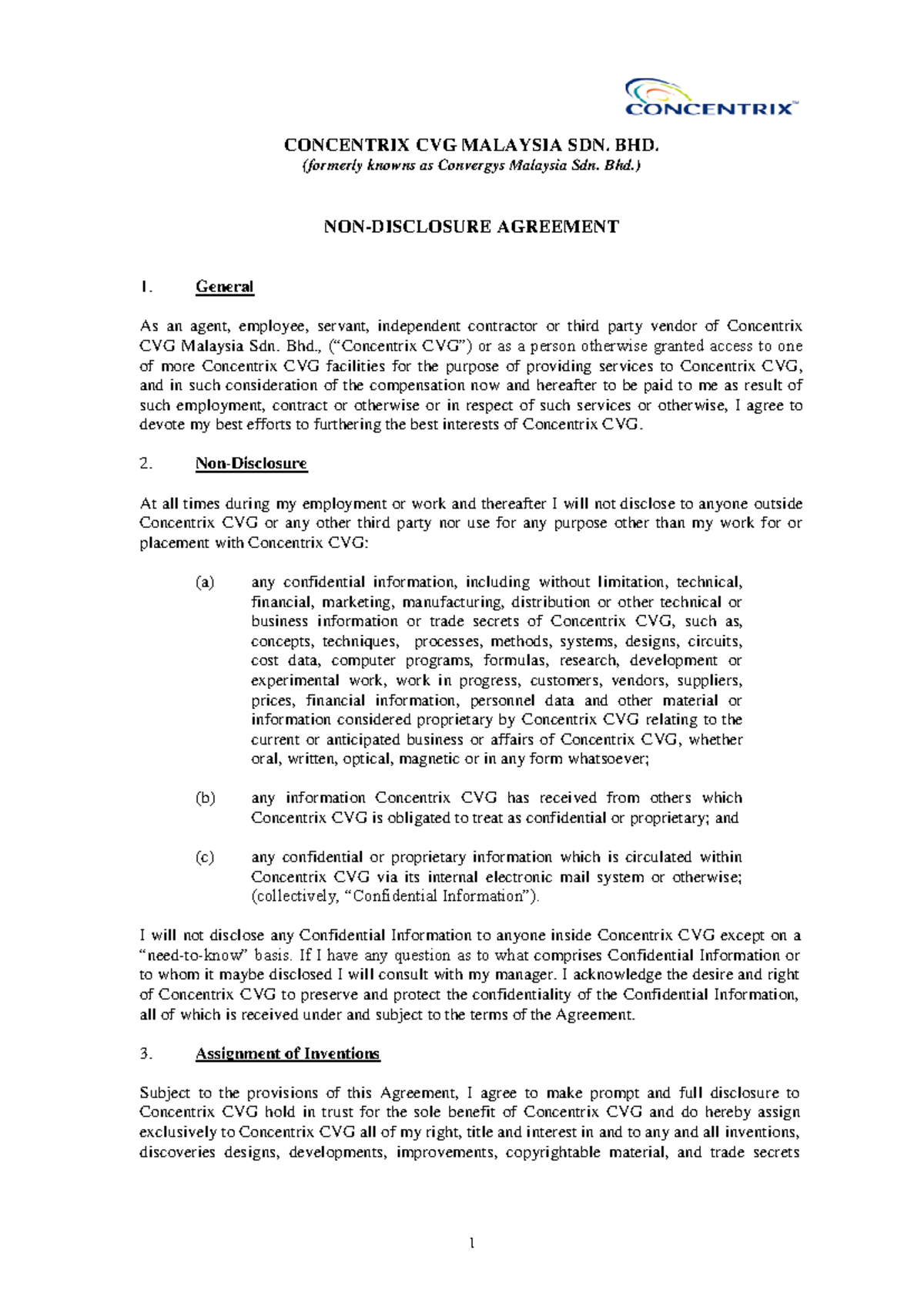 Non Disclosure Agreement - CNX CVG - CONCENTRIX CVG MALAYSIA SDN. BHD ...