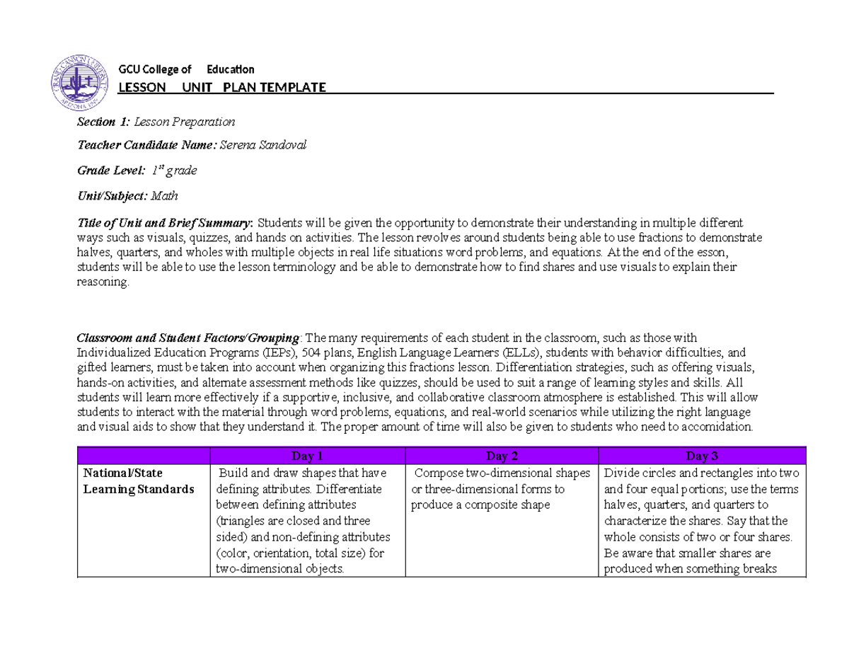3-day unit plan template Math - Section 1: Lesson Preparation Teacher ...
