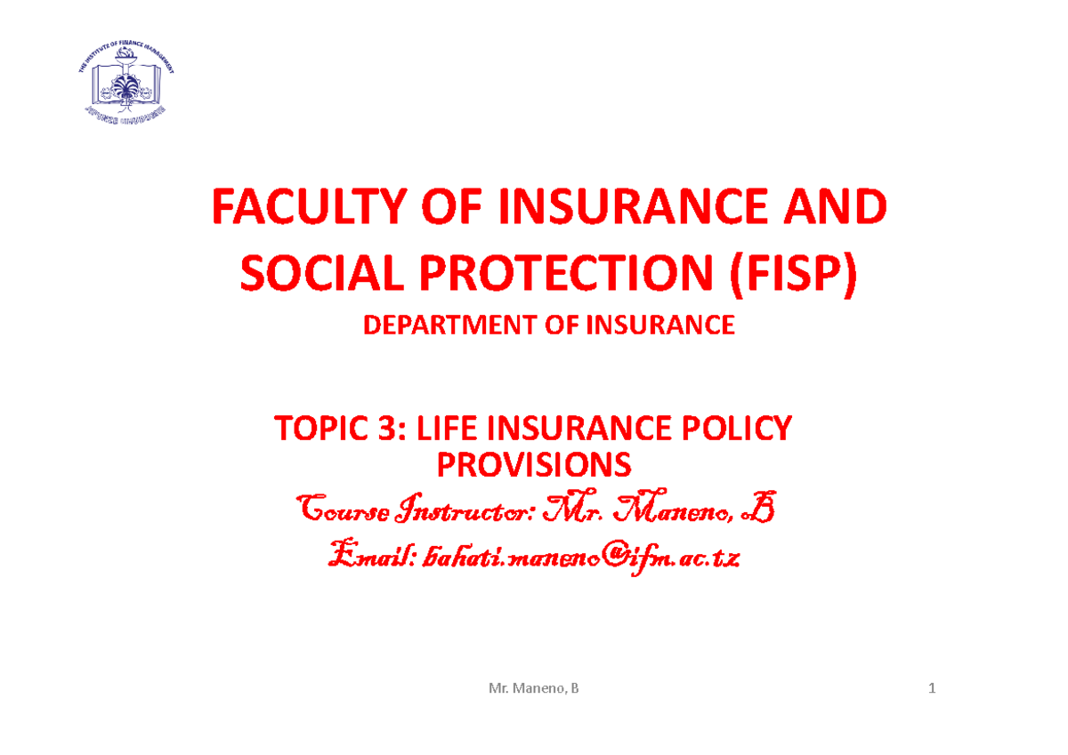 Life insurance topic 3 - FACULTY OF INSURANCE AND SOCIAL PROTECTION ...
