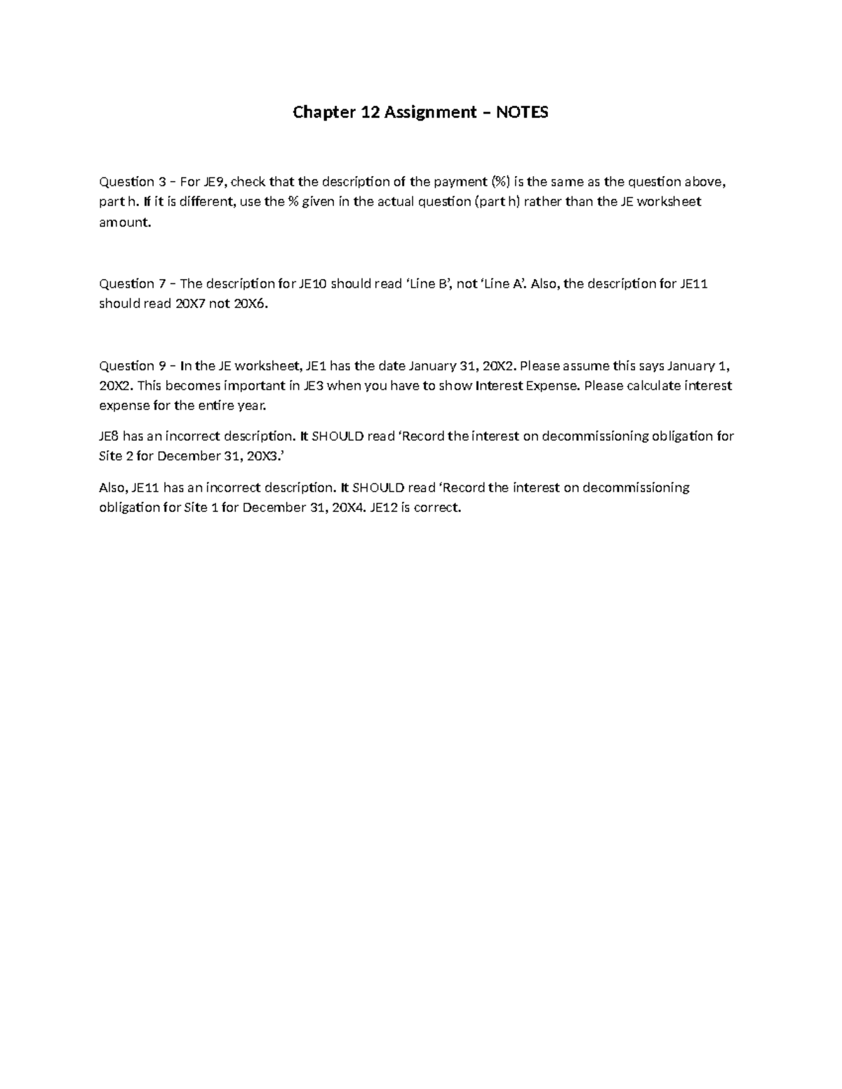 Chapter 12 Assignment Notes - Chapter 12 Assignment – NOTES Question 3 ...