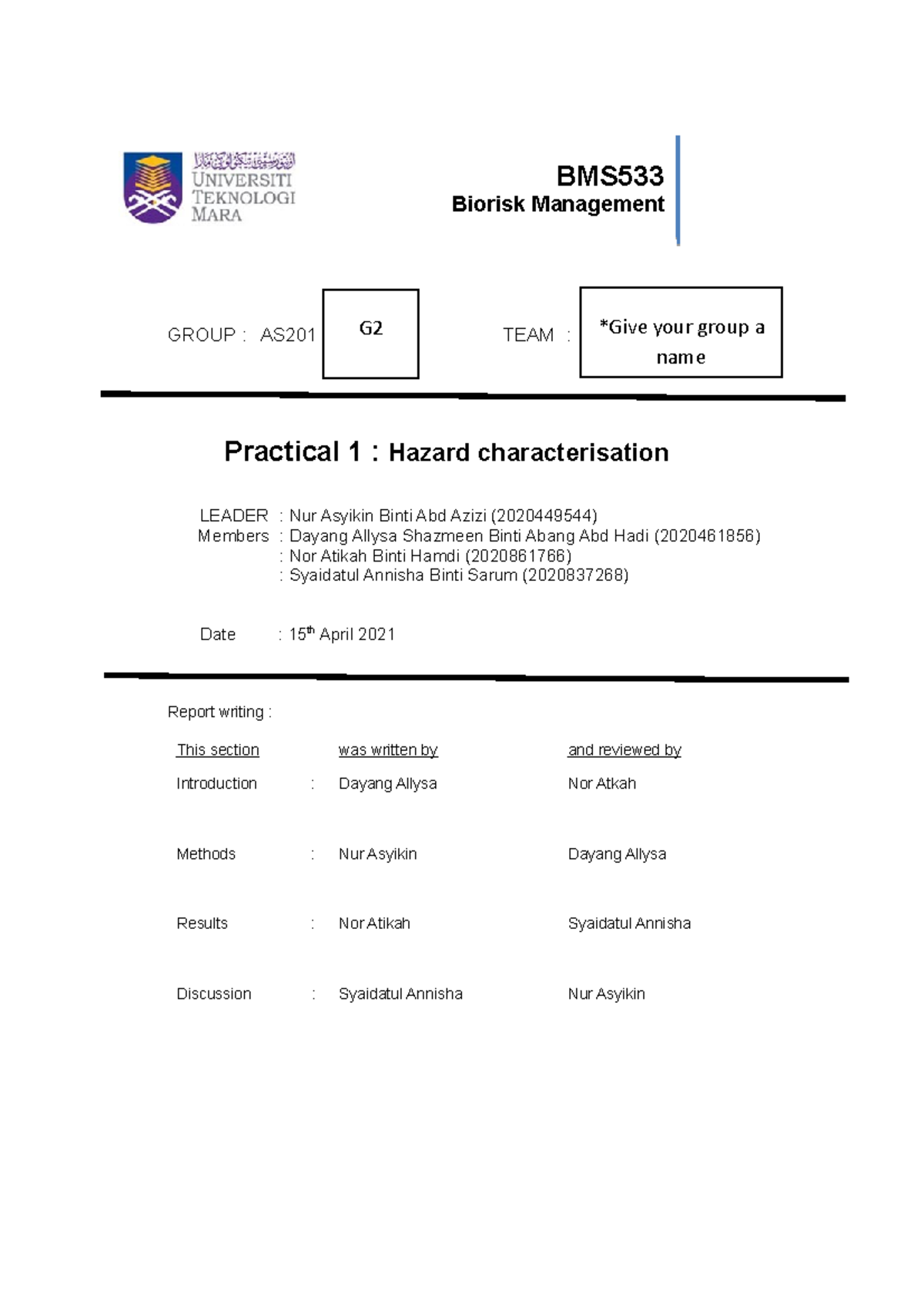 BMS533 Practical 1 March 2021 - GROUP : AS201 TEAM : Practical 1 ...