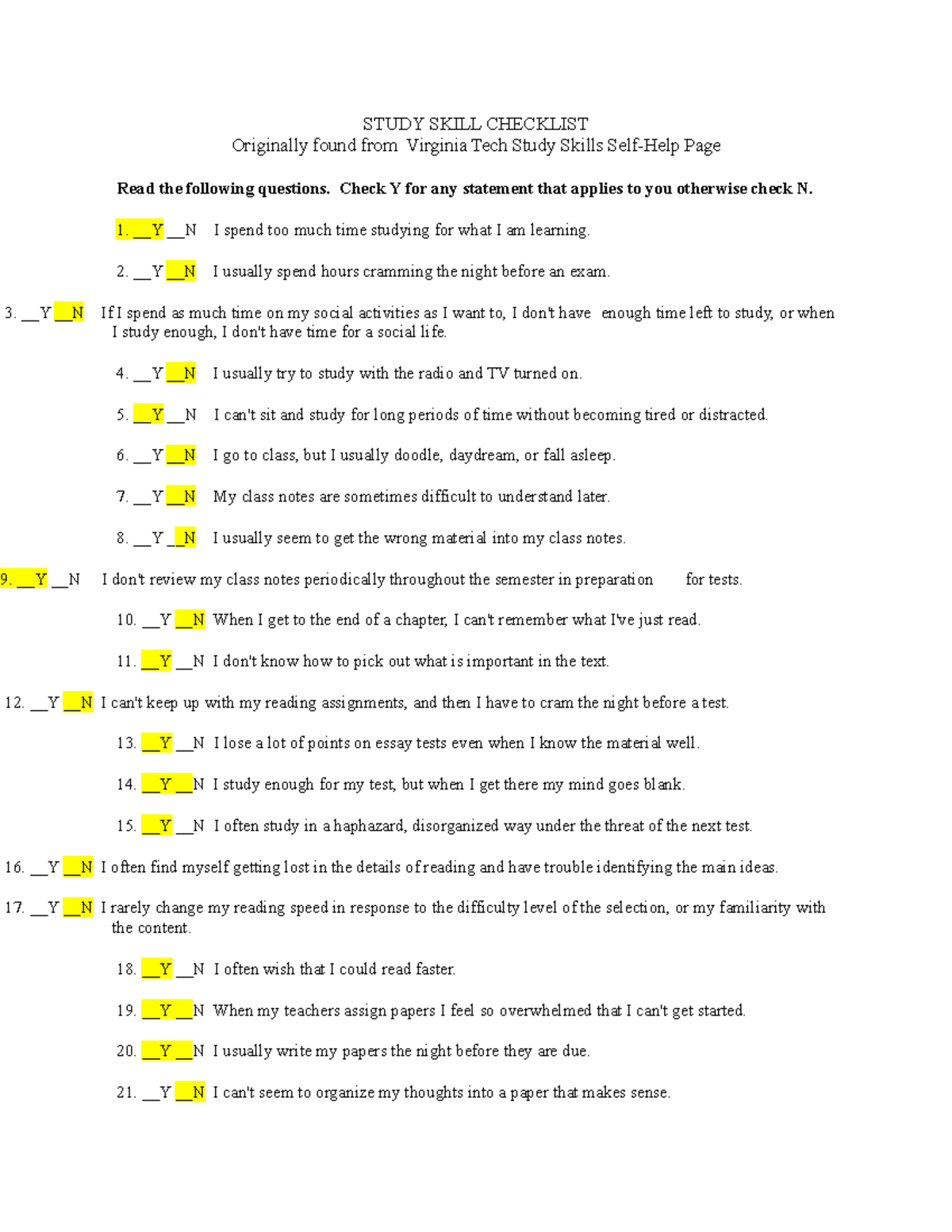 Study Skill Checklist - STUDY SKILL CHECKLIST Originally found from ...