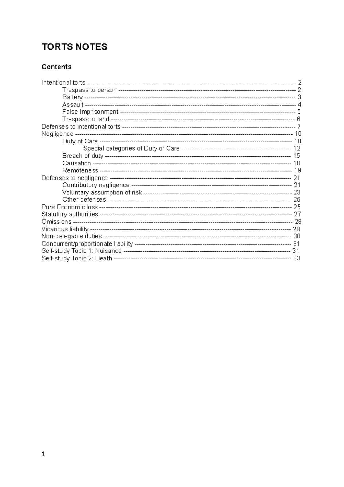 Torts- Notes-2018 - Lecture notes 1-12 - TORTS NOTES Intentional torts ...