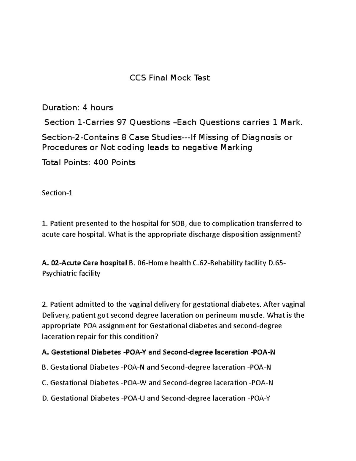 CCS-Final Mock test - CCS Final Mock Test Duration: 4 hours Section 1 ...