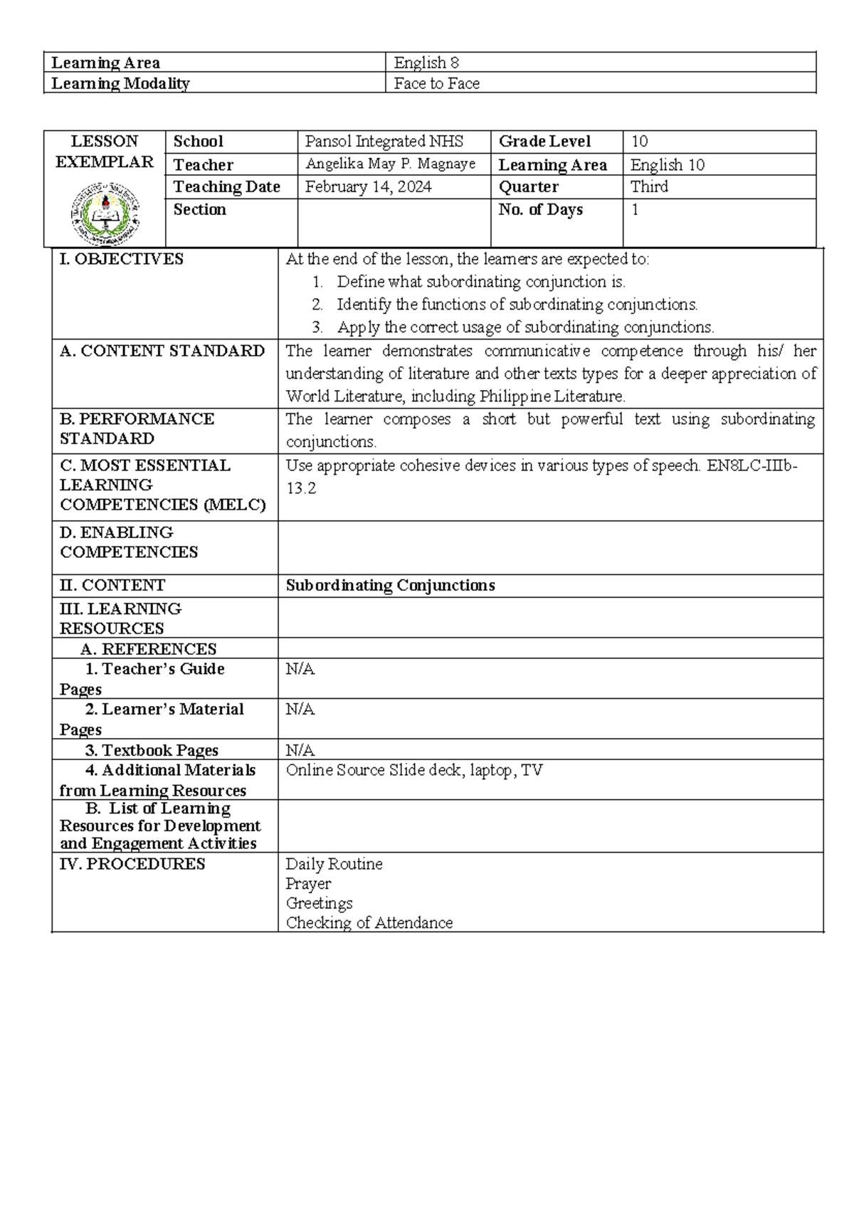 Lesson Plan Informative Essay for Grade 10 - Learning Area English 8 ...