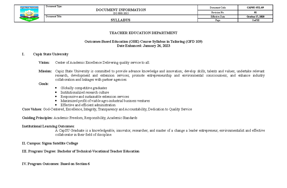 GFD 109 Tailoring - DOCUMENT INFORMATION ISO 9001: Document Code CAPSU ...
