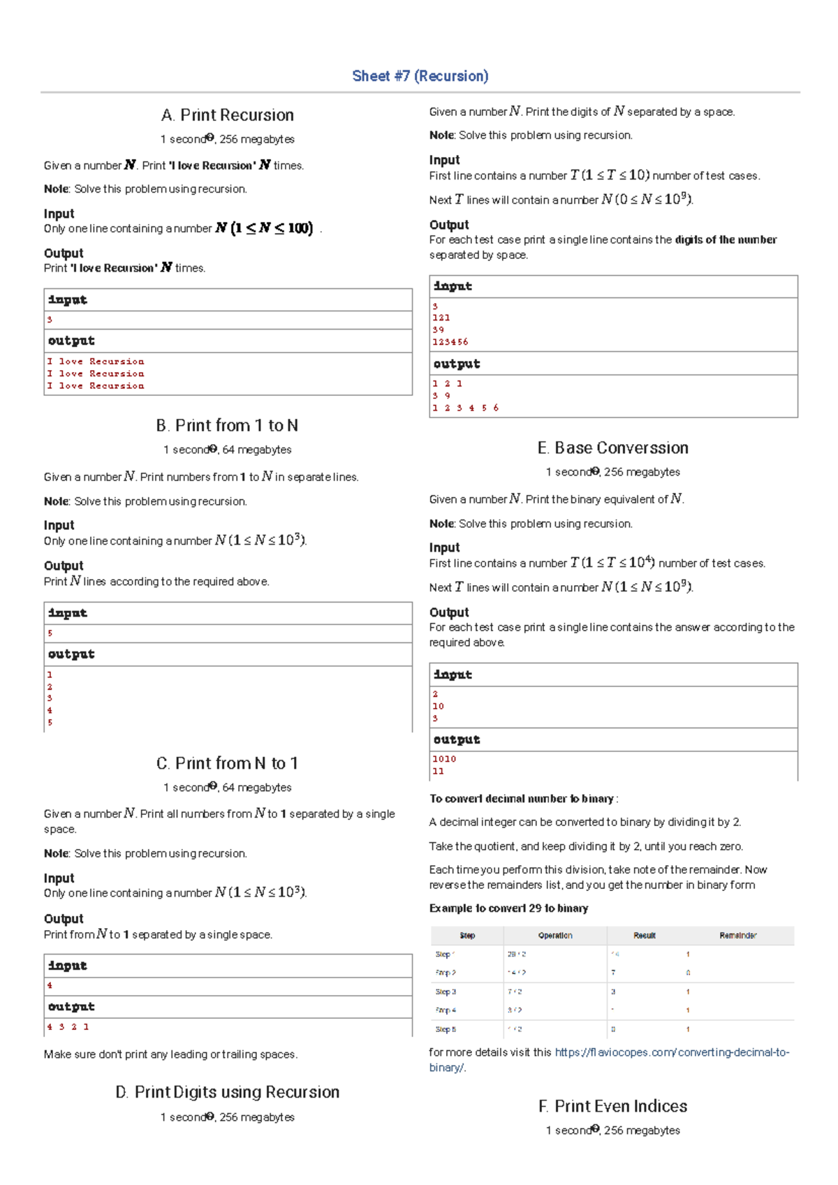 Recursion Sheet 7 Recursion A Print Recursion 1 Second 256 Megabytes Given A