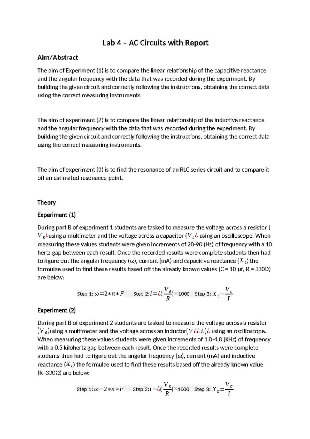 Lab 4 - Lab 4 – AC Circuits with Report Aim/Abstract The aim of ...