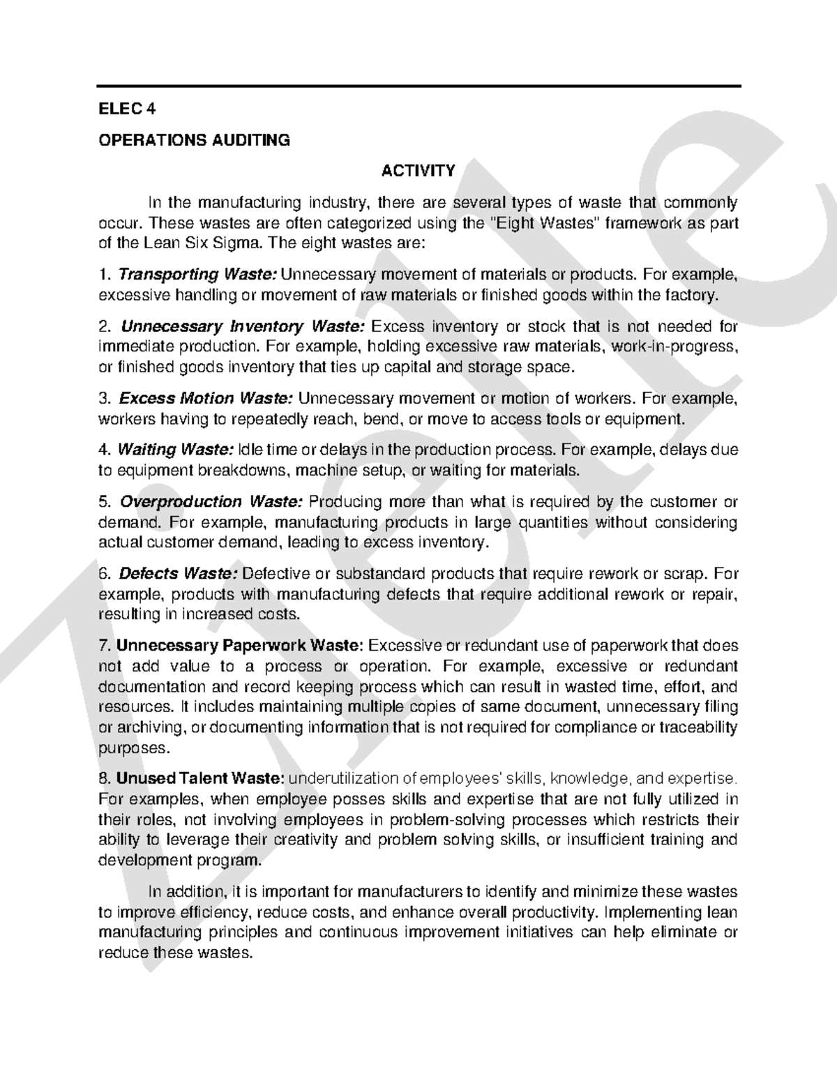 ELEC 4 - Eight Waste of Lean Six Sigma - ELEC 4 OPERATIONS AUDITING ...
