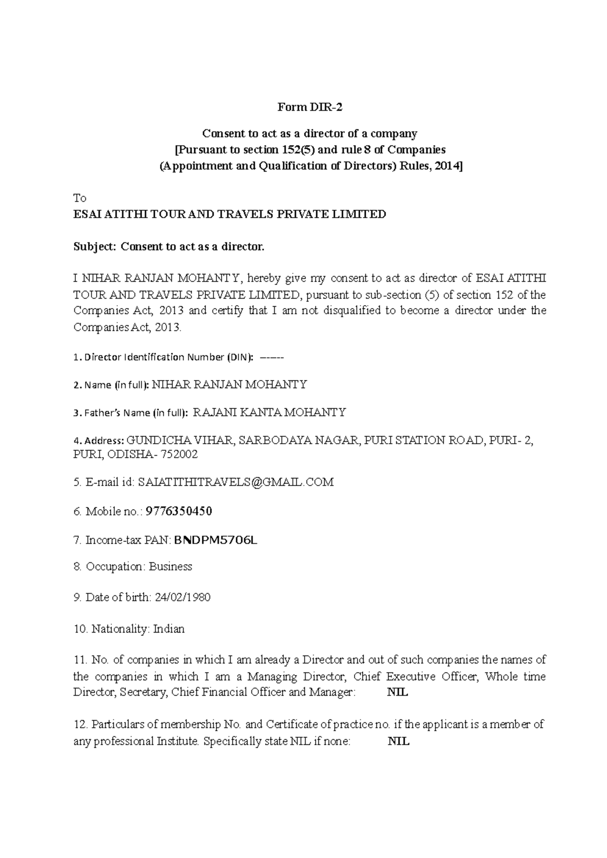 Nihar Ranjan Mohanty - There is inhouse knowledge gain - Form DIR ...