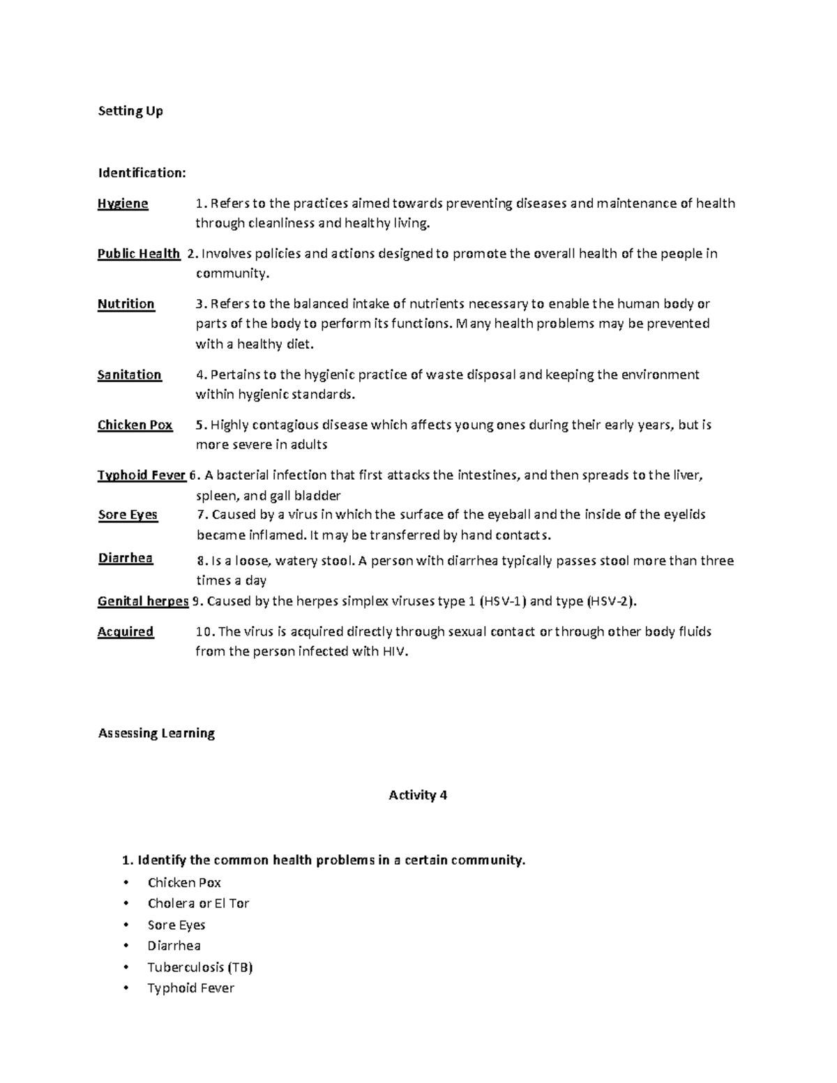 Assessing Learning 4 - PUBLIC HEALTH SETTING UP IDENTIFICATION ...