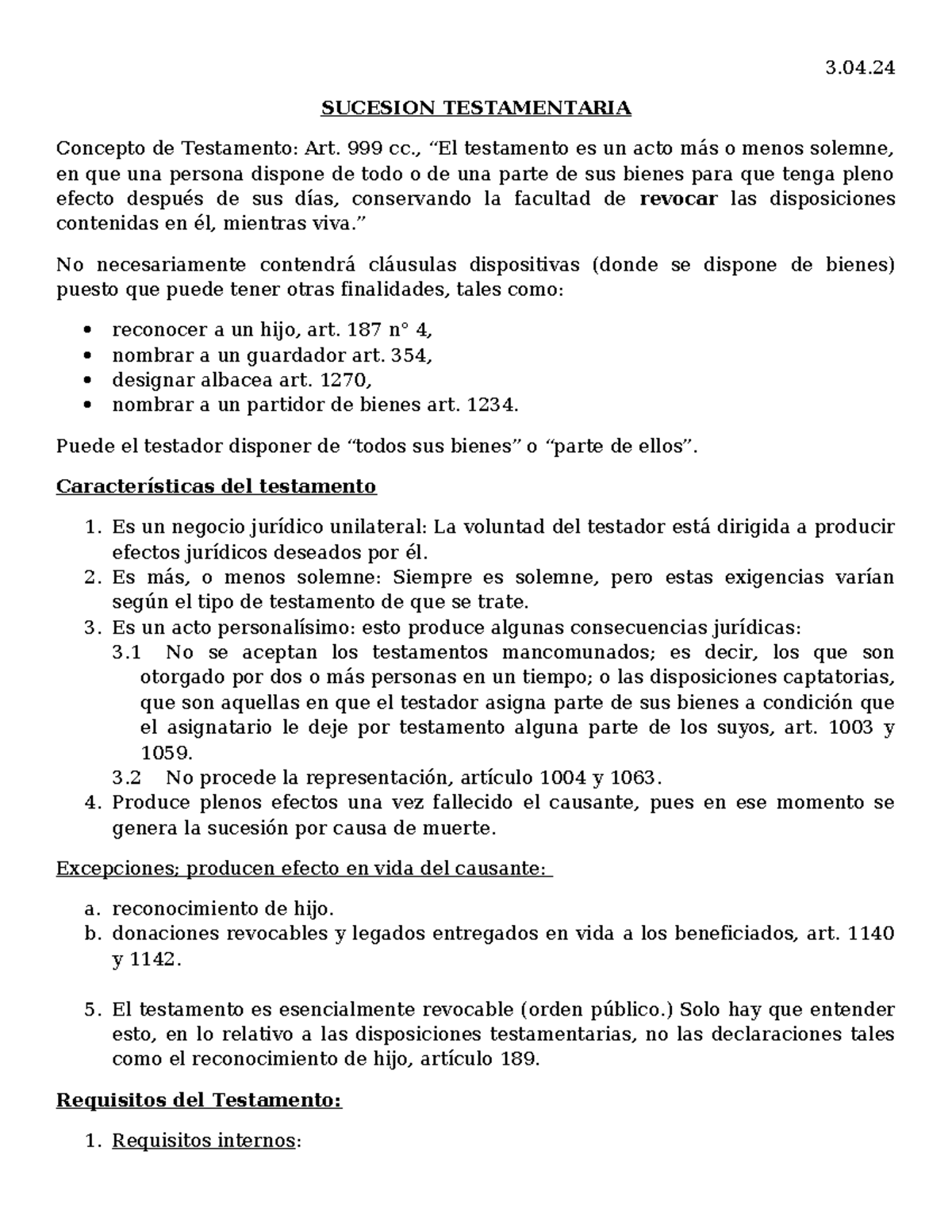 3 - wertyui - 3. SUCESION TESTAMENTARIA Concepto de Testamento: Art ...