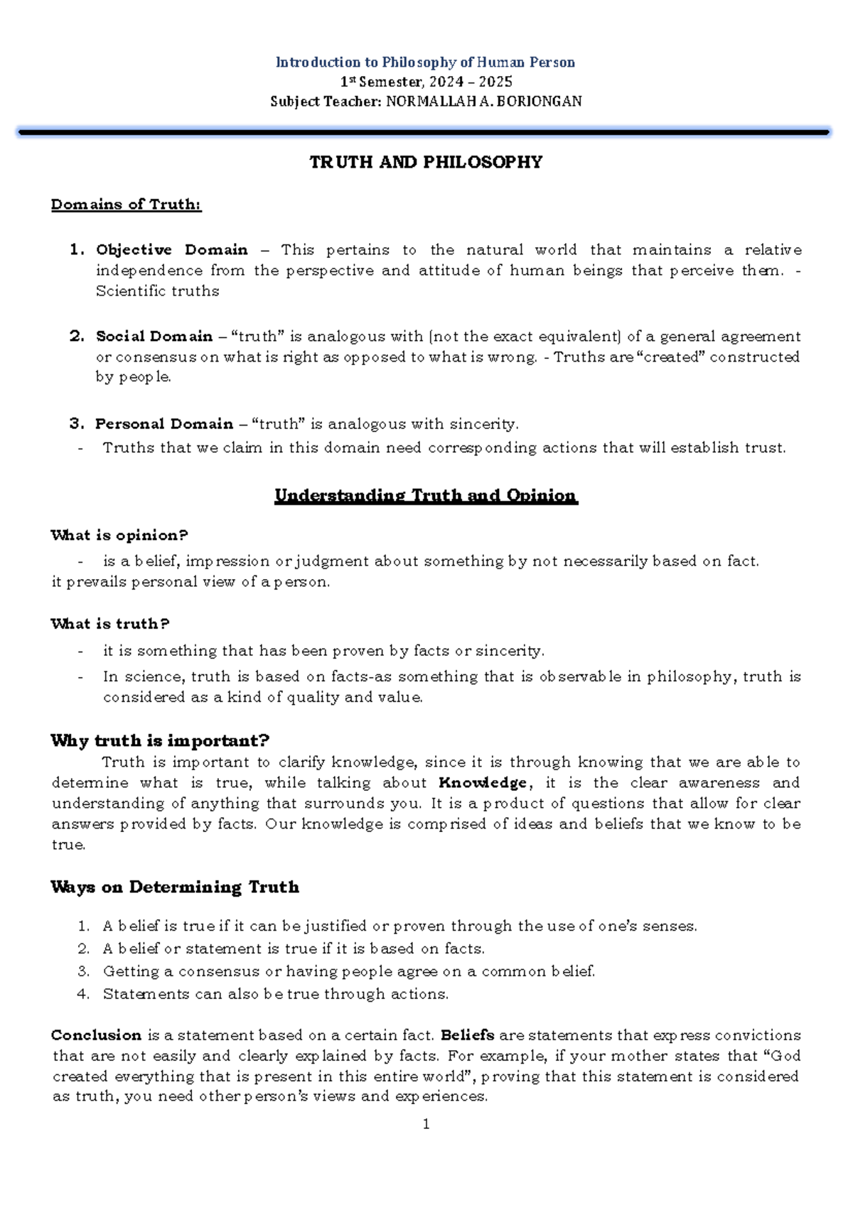 Philosophy Truth-and-Opinion - 1 Introduction to Philosophy of Human ...