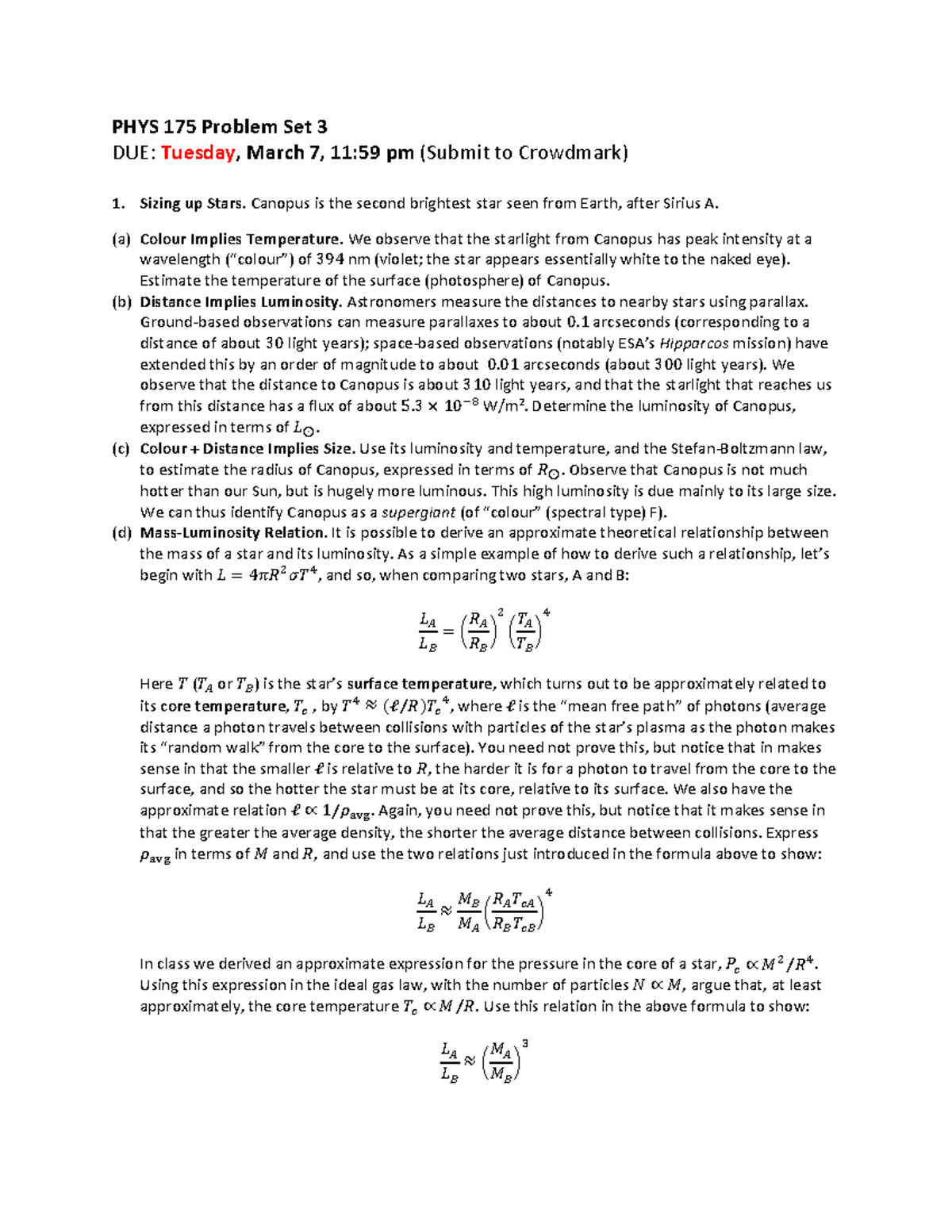 PHYS 175 - Problem Set 3 - Canopus is the second brightest star seen ...