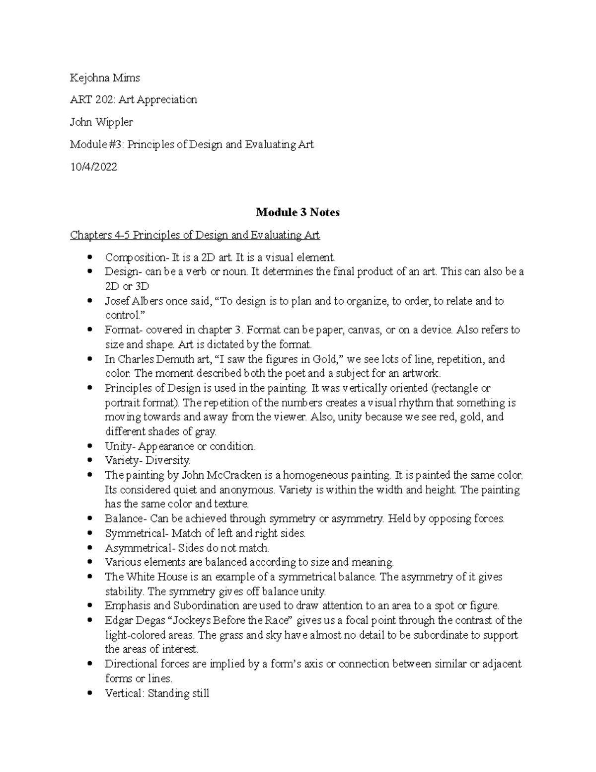 Module 3 Notes ART- Kejohna Mims - Kejohna Mims ART 202: Art ...
