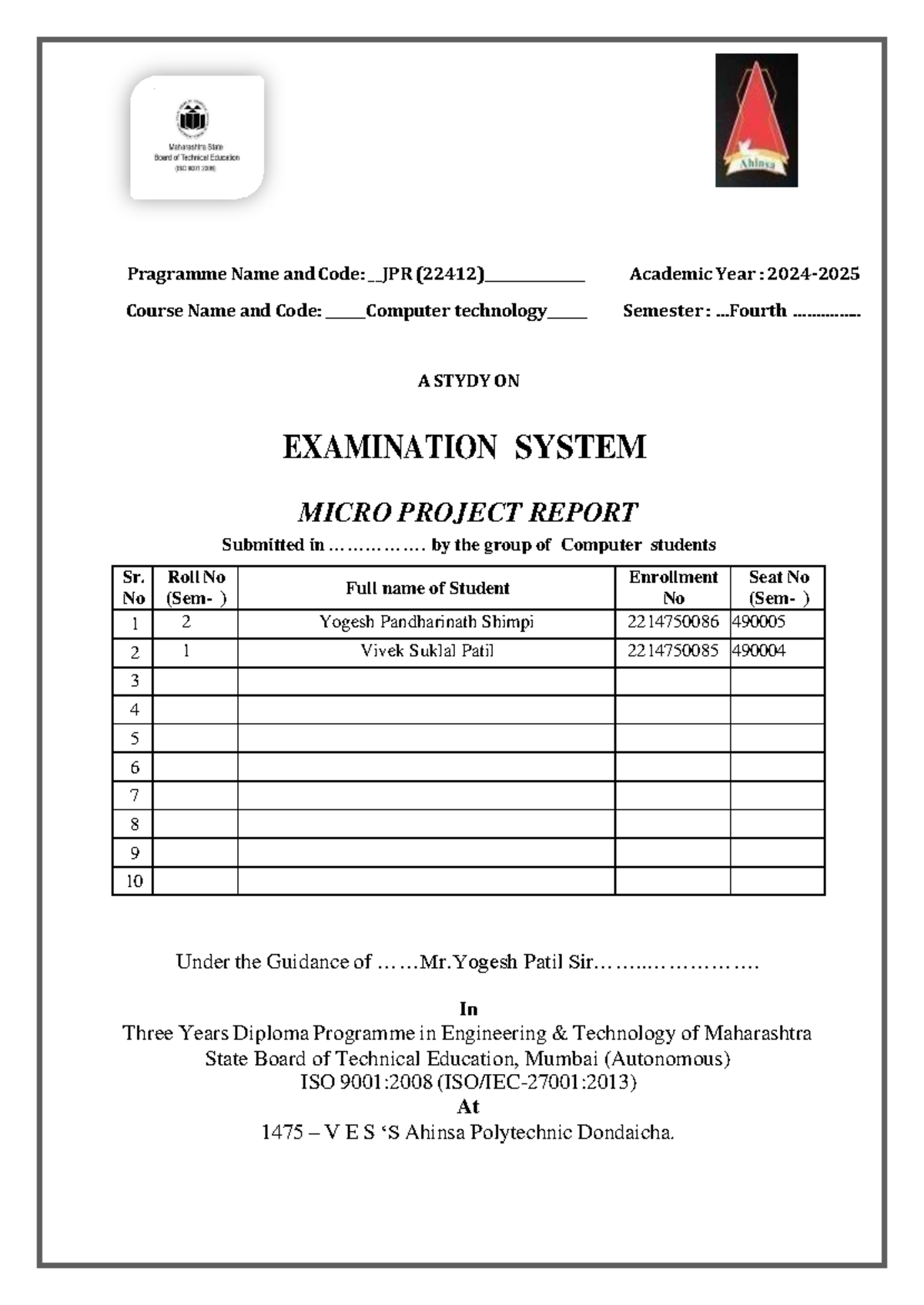 Java Programming - hello - Pragramme Name and Code: JPR (22412 ...