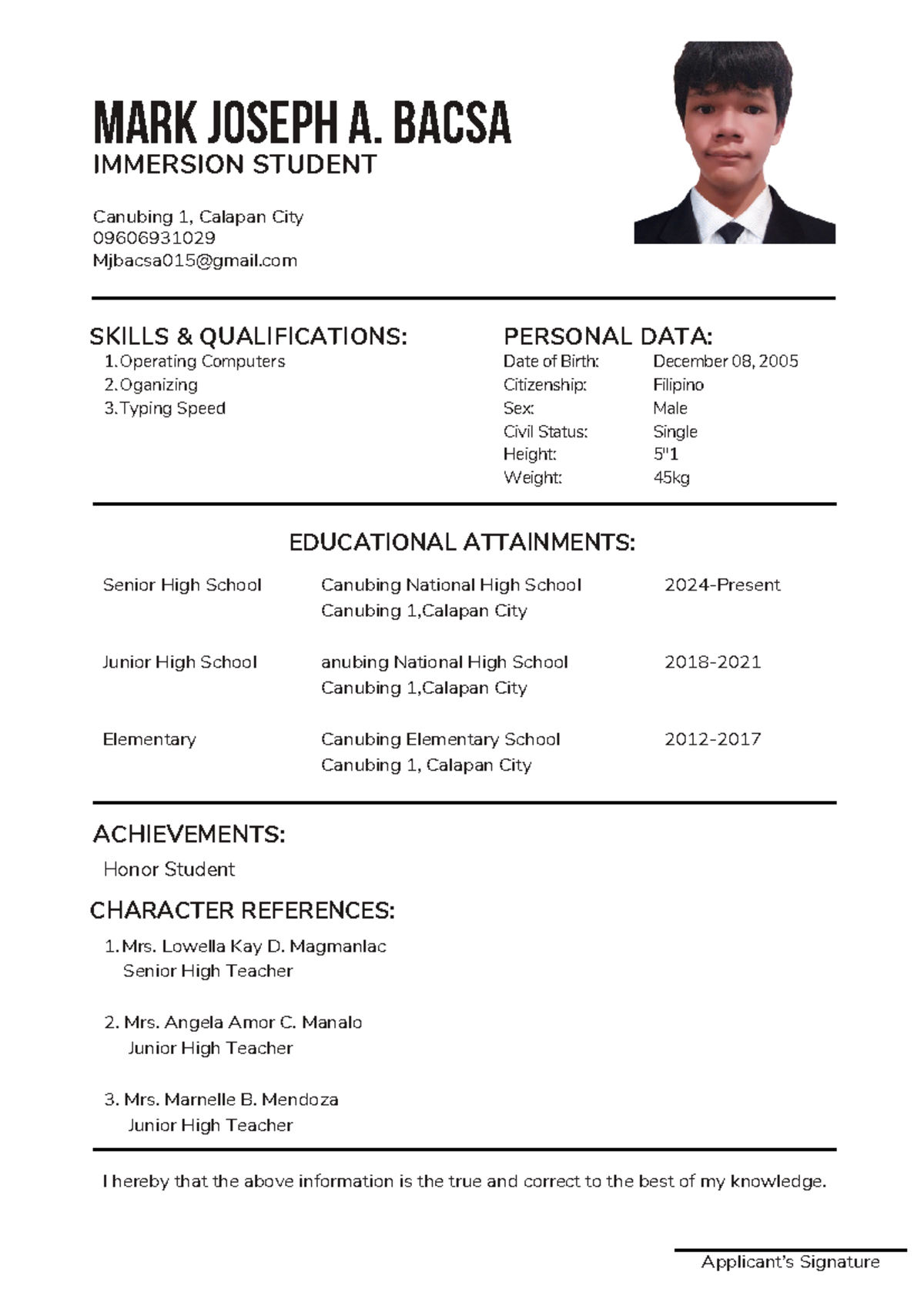 Black and White Simple Office Assistant Resume - MARK JOSEPH A. BACSA ...