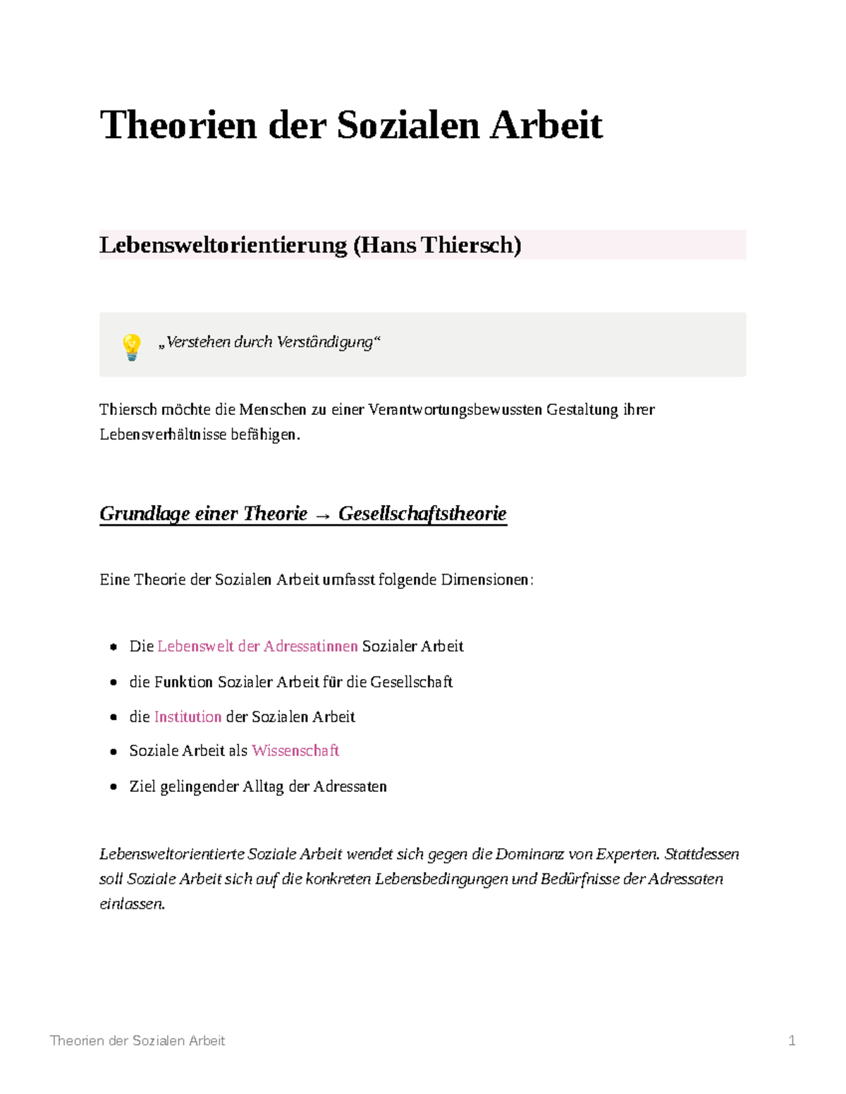 Theorien der Sozialen Arbeit - Theorien der Sozialen Arbeit Lebensweltorientierung (Hans ...
