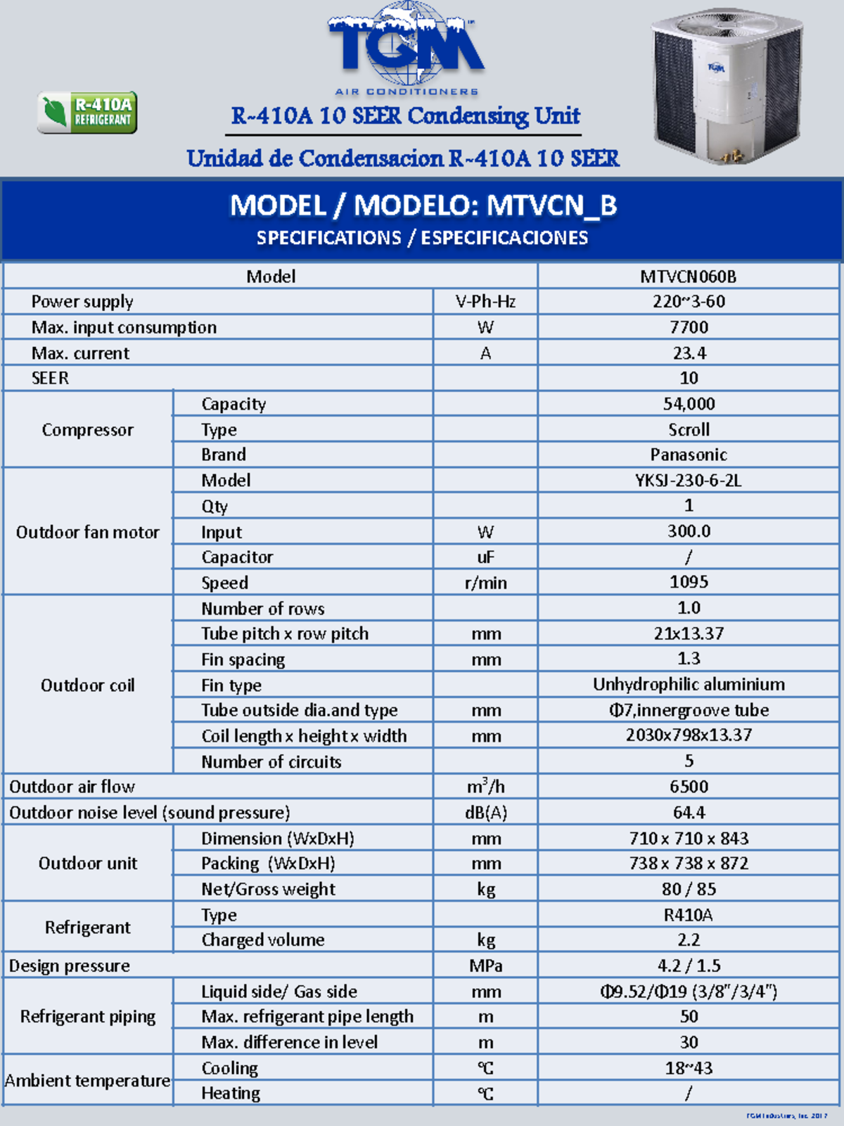 Mtvcn BSpecs - hola - R- 410 A 10 SEER Condensing Unit TGM Industries ...