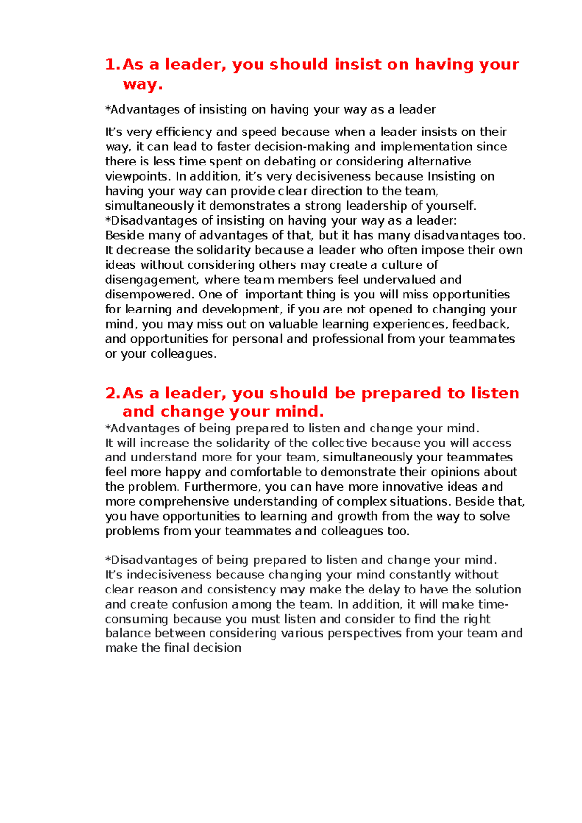 Writing unit3 - 1 a leader, you should insist on having your way ...