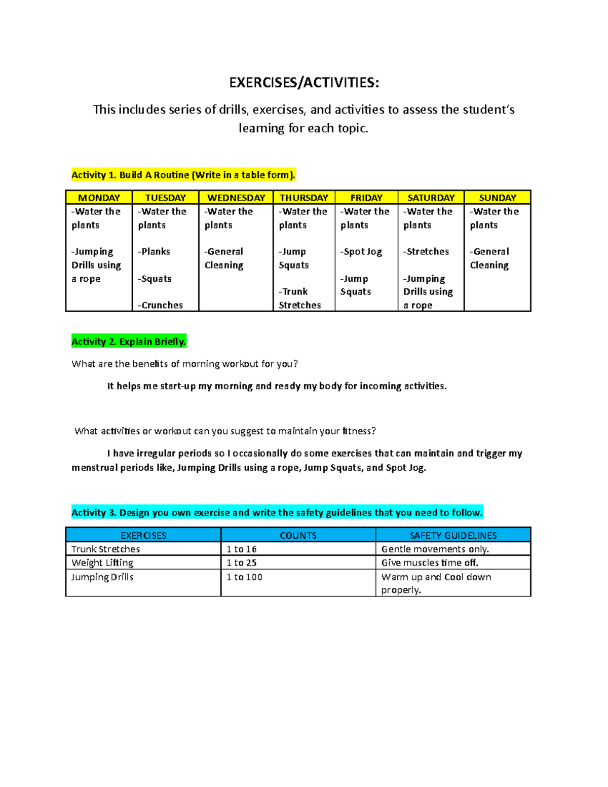 Build a Routine - EXERCISES/ACTIVITIES: This includes series of drills ...