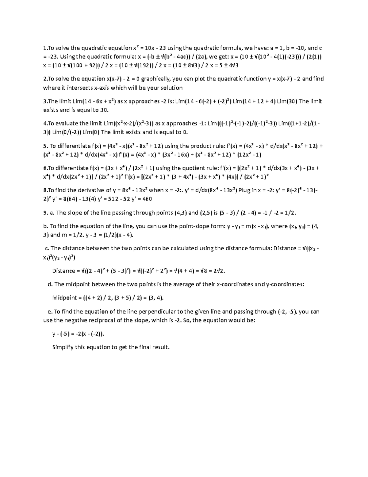 Mathematics 2 - Assignment 2 - 1 solve the quadratic equation x² = 10x - 23 using the quadratic ...