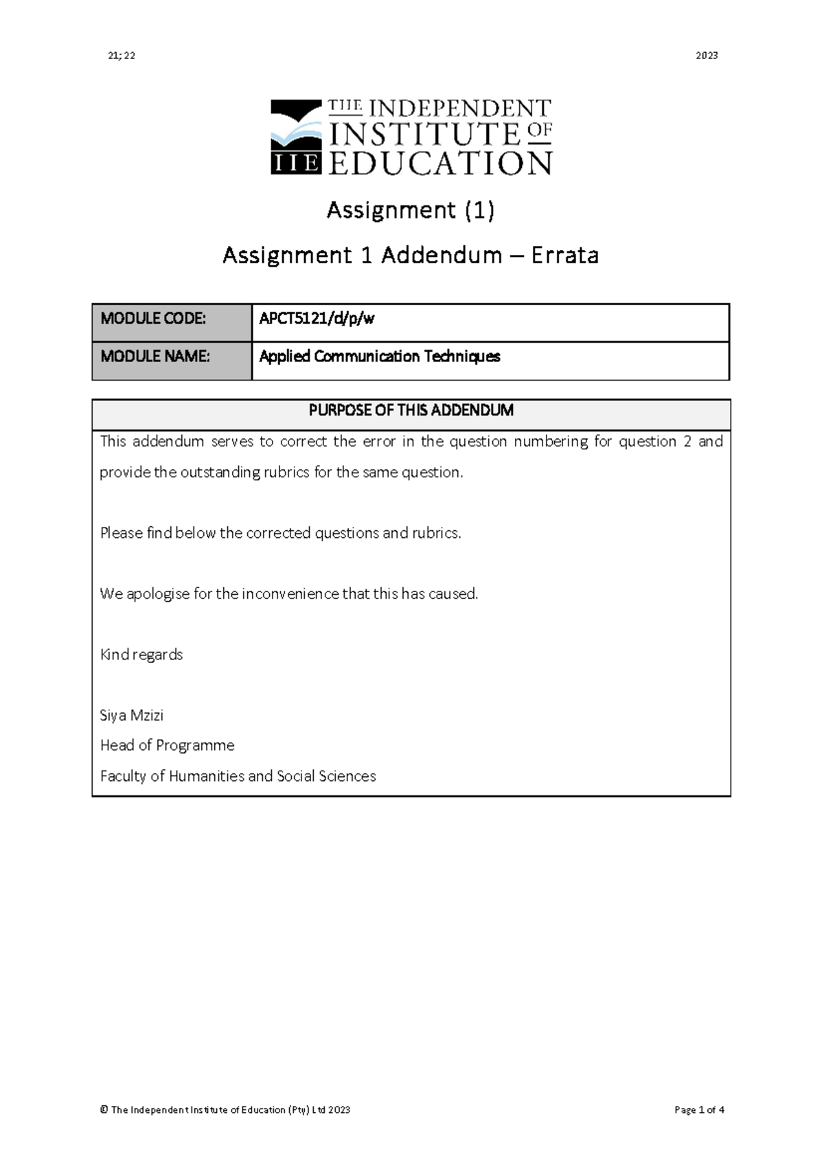 APCT5121 A1 Addendum applied - Assignment ( 1 ) Assignment 1 Addendum – Errata MODULE CODE ...