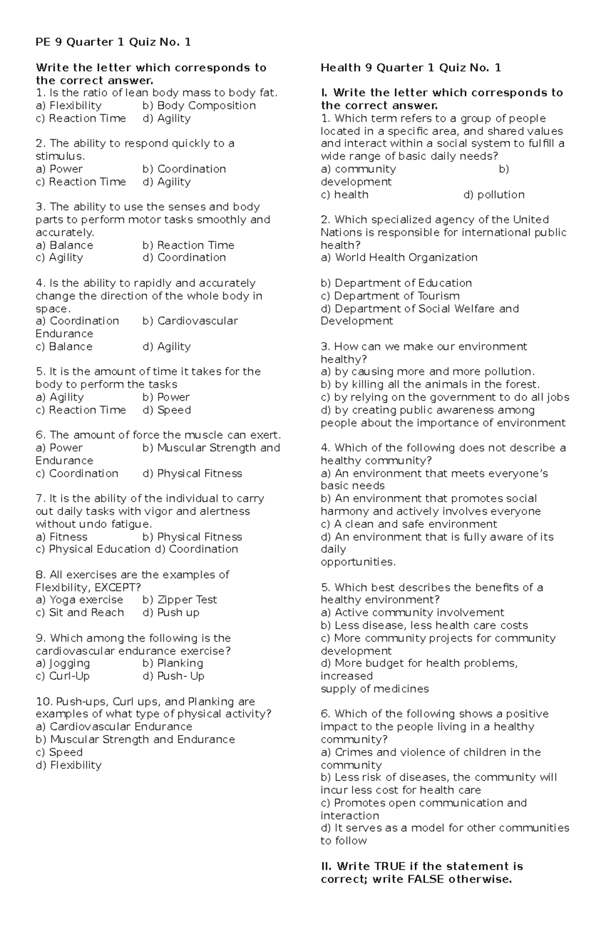 PE and Health 9 Quarter 1 Quiz No 1 - PE 9 Quarter 1 Quiz No. 1 Write ...