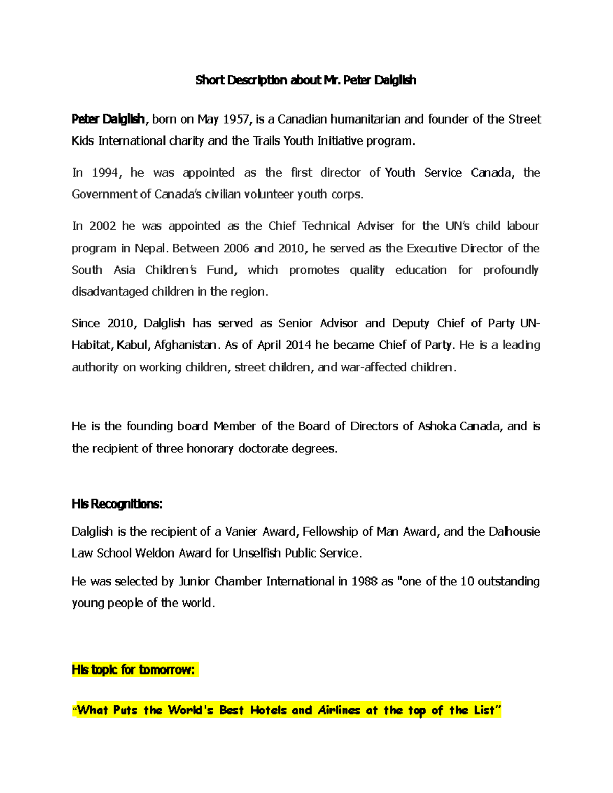 Confidential 44 - Short Description about Mr. Peter Dalglish Peter ...