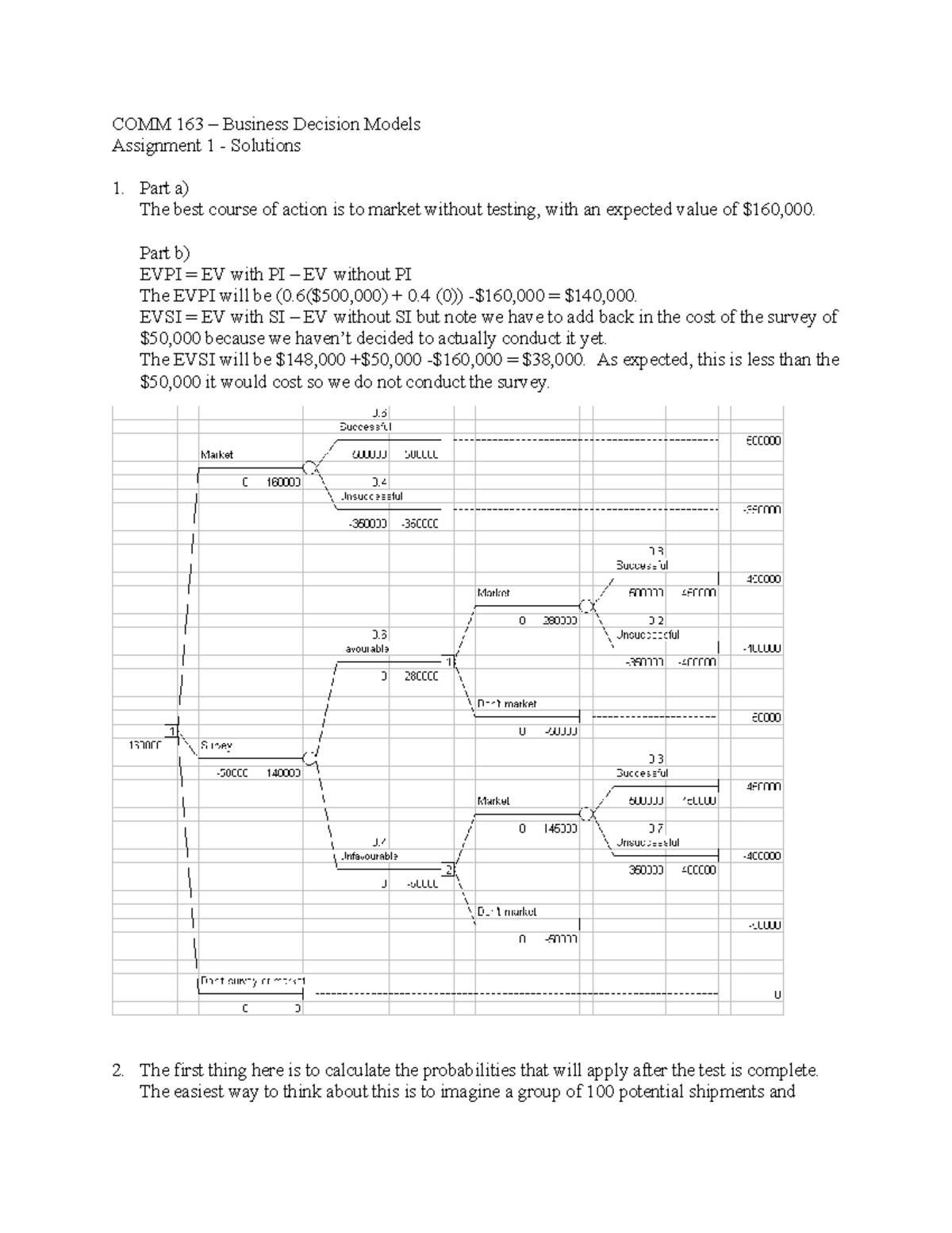 163 Assignment 1 Solutions - COMM 163 – Business Decision Models Assignment 1 - Solutions Part a ...