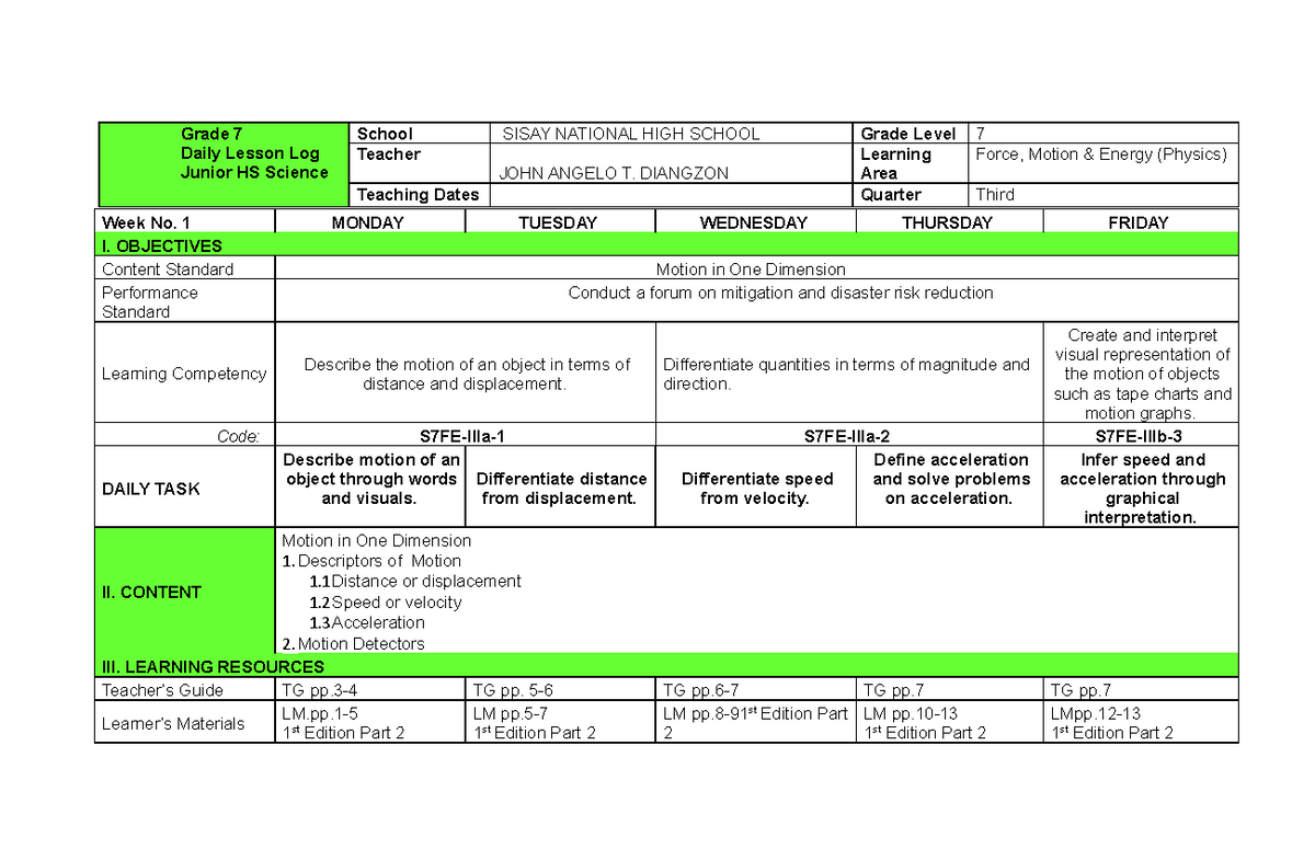 SCI7dllquarter 3yuuuki - Week No. 1 MONDAY TUESDAY WEDNESDAY THURSDAY ...