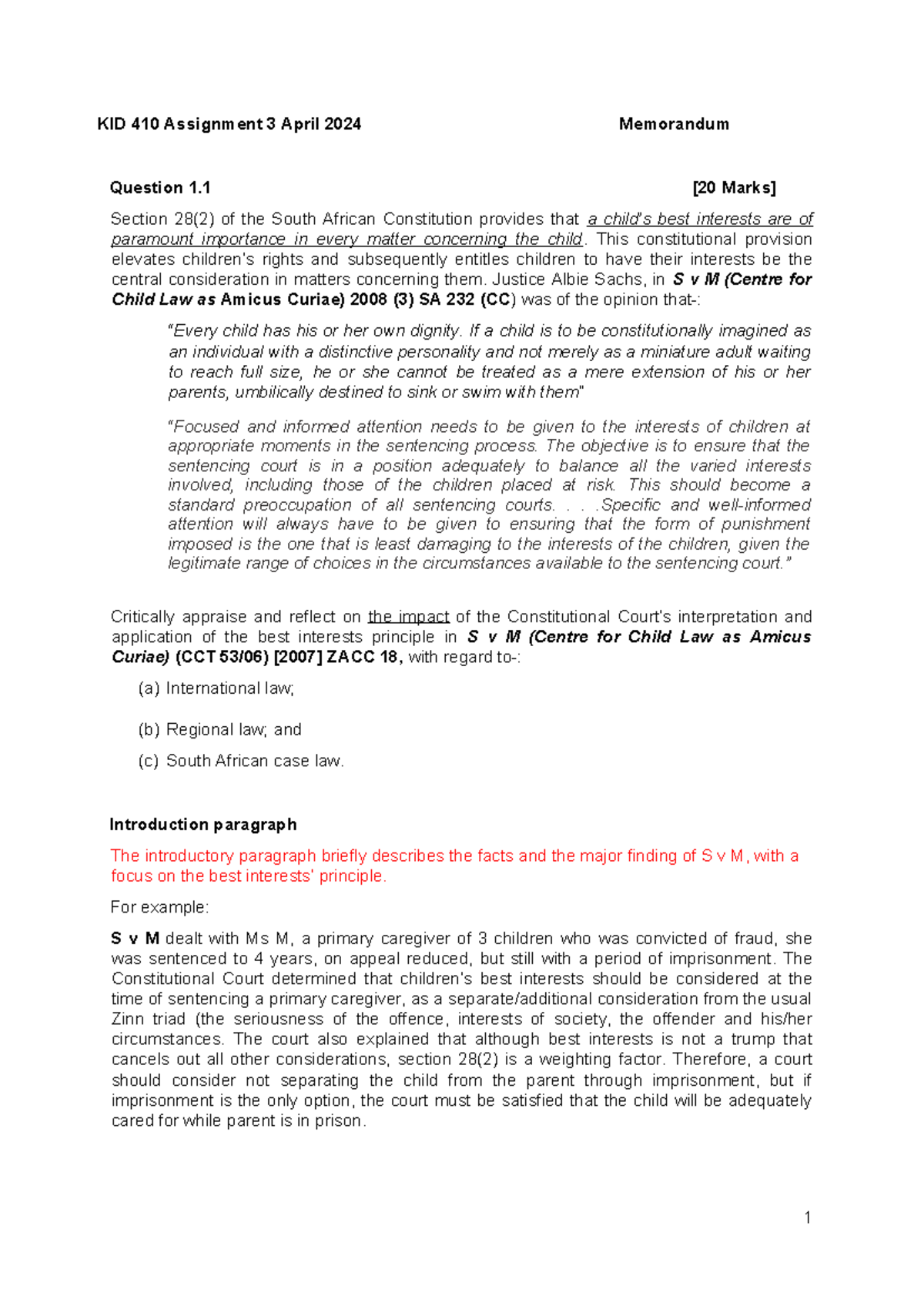 KID Assignment 1 Memorandum April 2024 - KID 410 Assignment 3 April 2024 Memorandum Question 1 ...