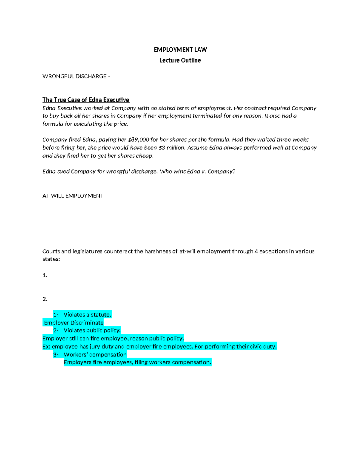 03 Employment Law Outline - EMPLOYMENT LAW Lecture Outline WRONGFUL ...