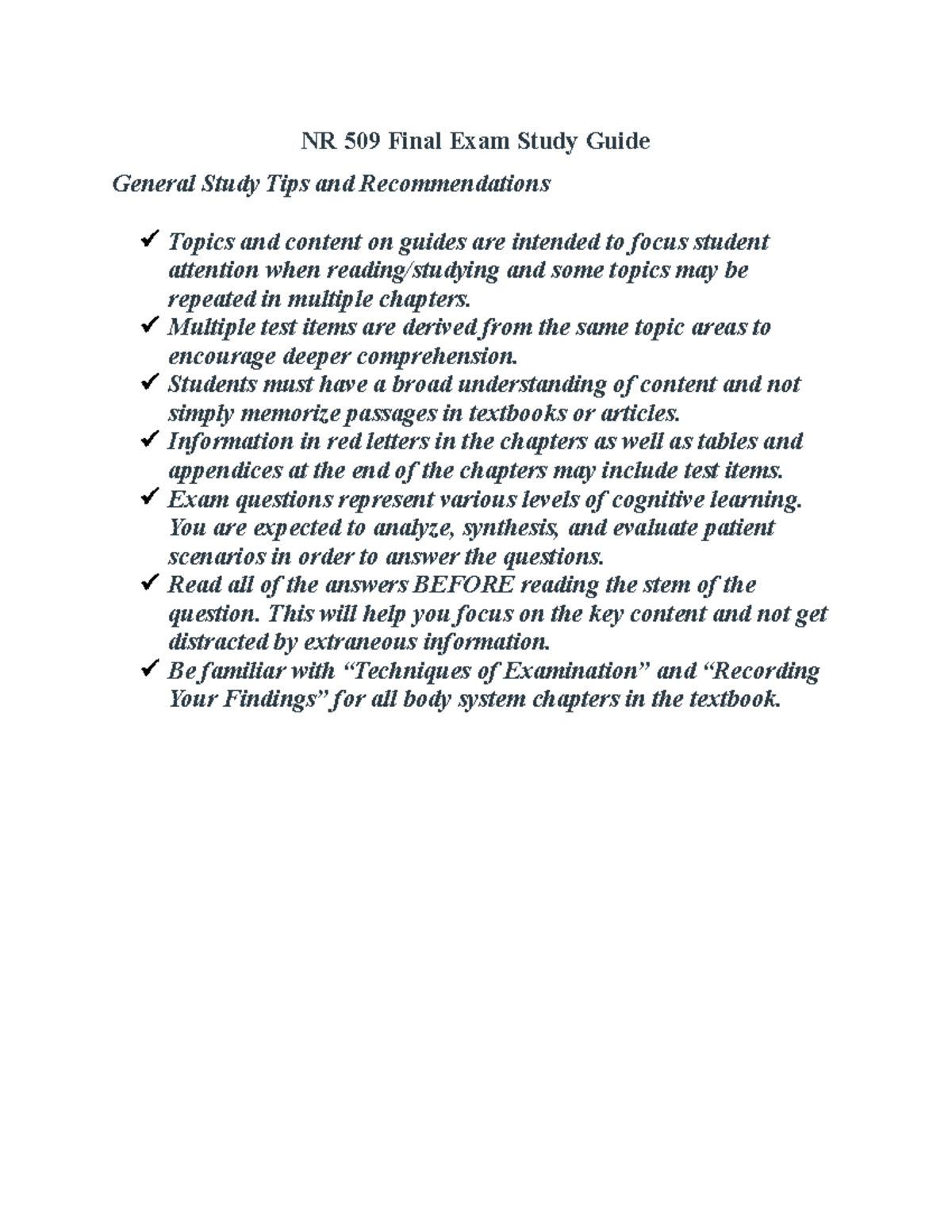 509 final - study guide tips - NR 509 Final Exam Study Guide General ...