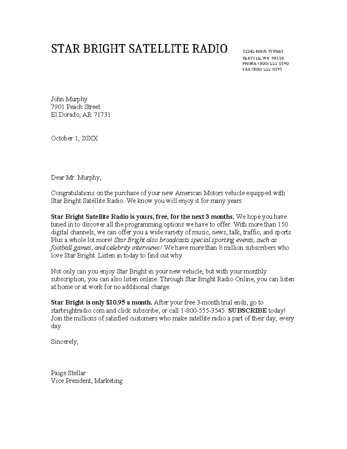 Sales Letter - STAR BRIGHT SATELLITE RADIO 12345 MAIN STREET SEATTLE ...
