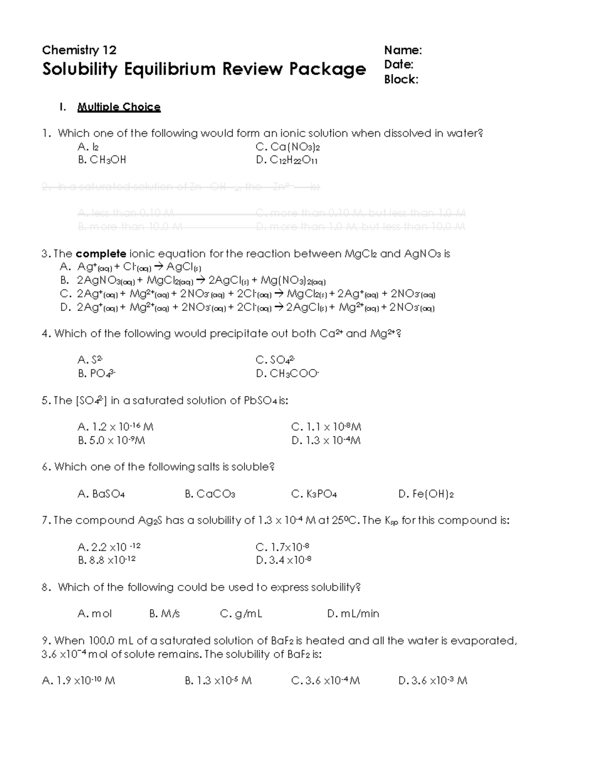 Solubility review - Chemistry 12 Solubility Equilibrium Review Package ...