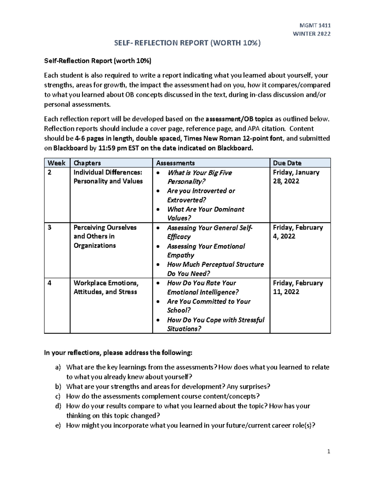Self- Reflection Papers Instructions & Rubrics MGMT1411 W22 - MGMT 1411 ...