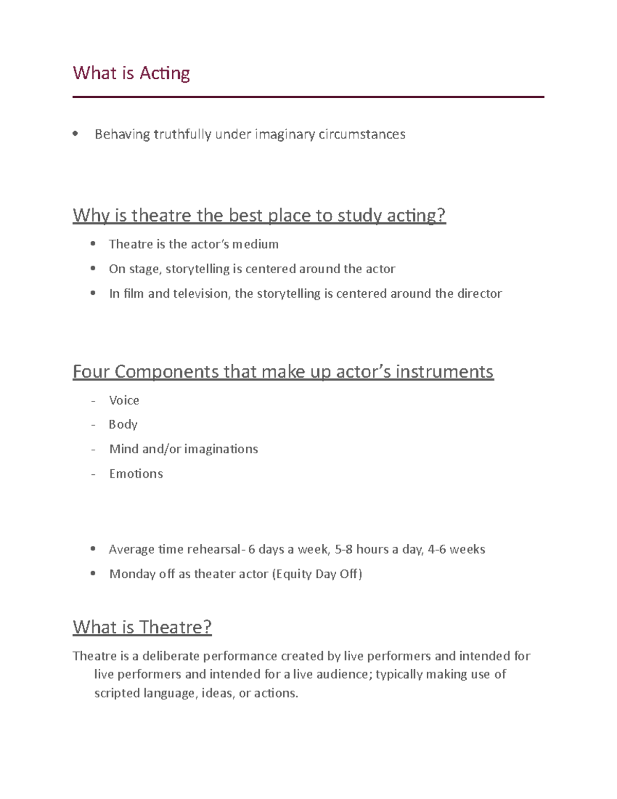 Intro to Acting (intro notes) - What is Acing Behaving truthfully under ...
