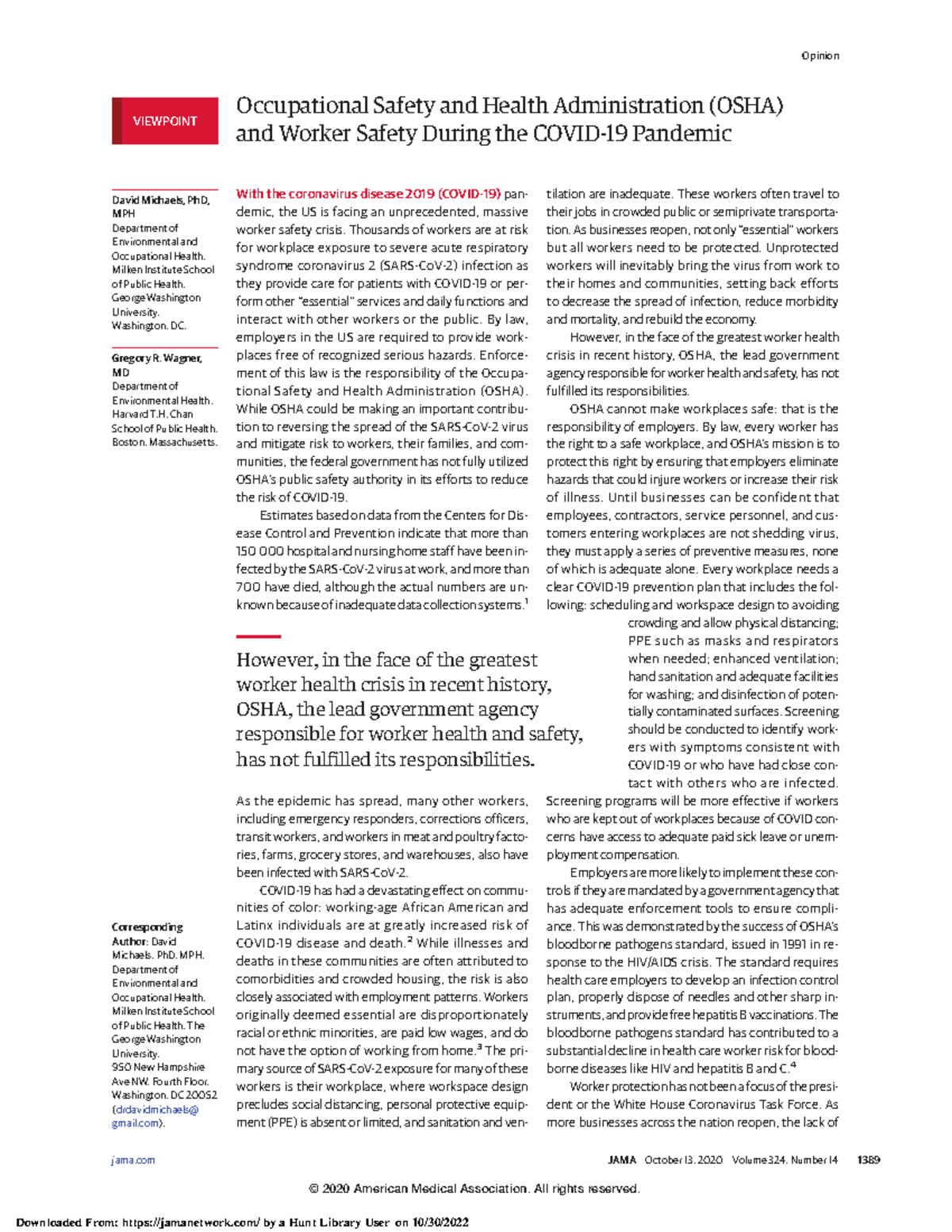 Jama michaels 2020 vp 2001 84 1602283820 - Occupational Safety and ...