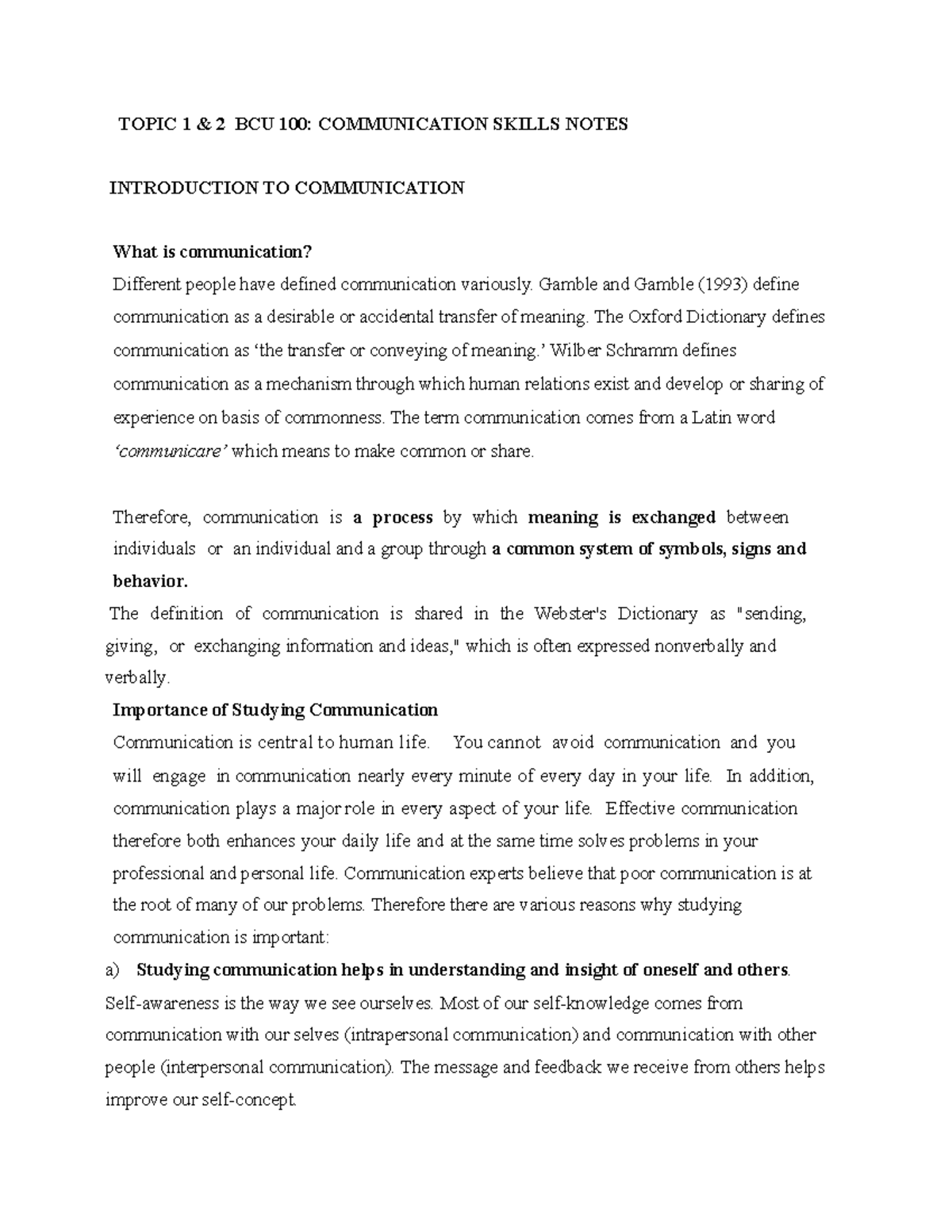 Topic 1 2 Notes - Nice - TOPIC 1 & 2 BCU 100: COMMUNICATION SKILLS ...