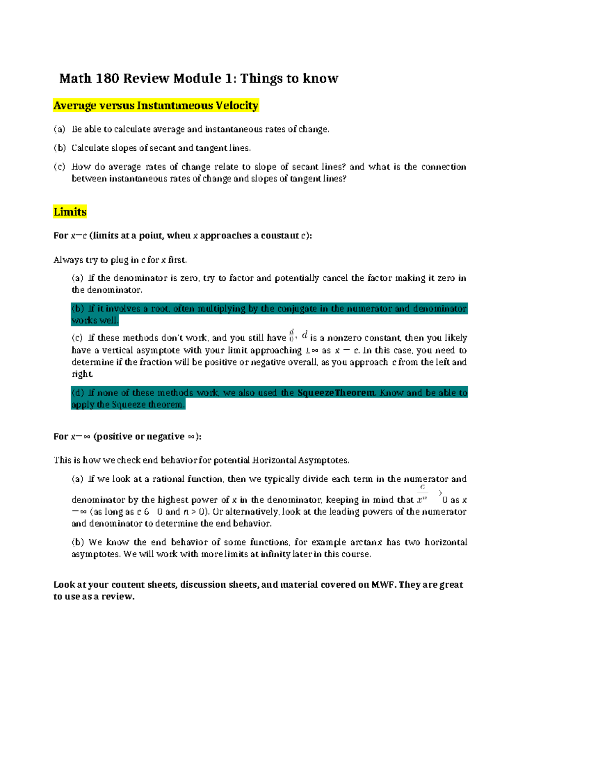 Math 180 Review Module 1 Fall 2020 - Math 180 Review Module 1: Things to know Average versus ...