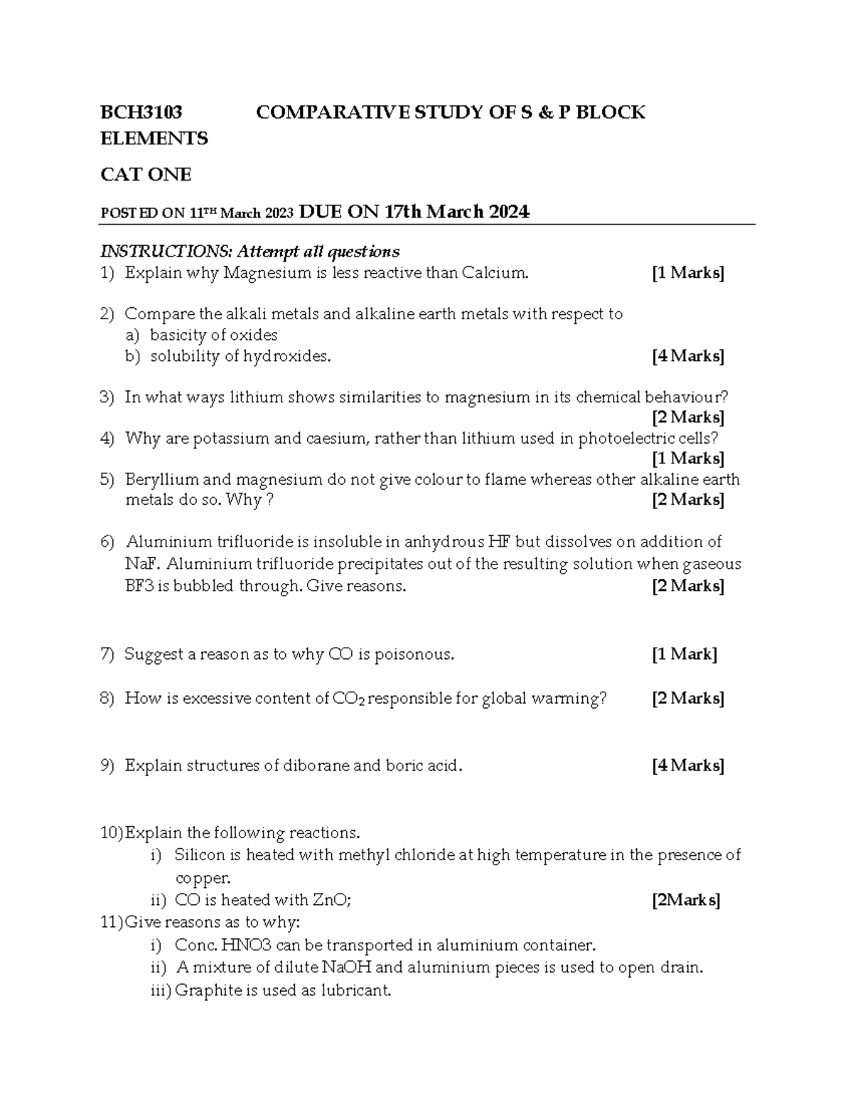 BCH3103 Comparative Study OF S and P Block Element 240312 205322 ...